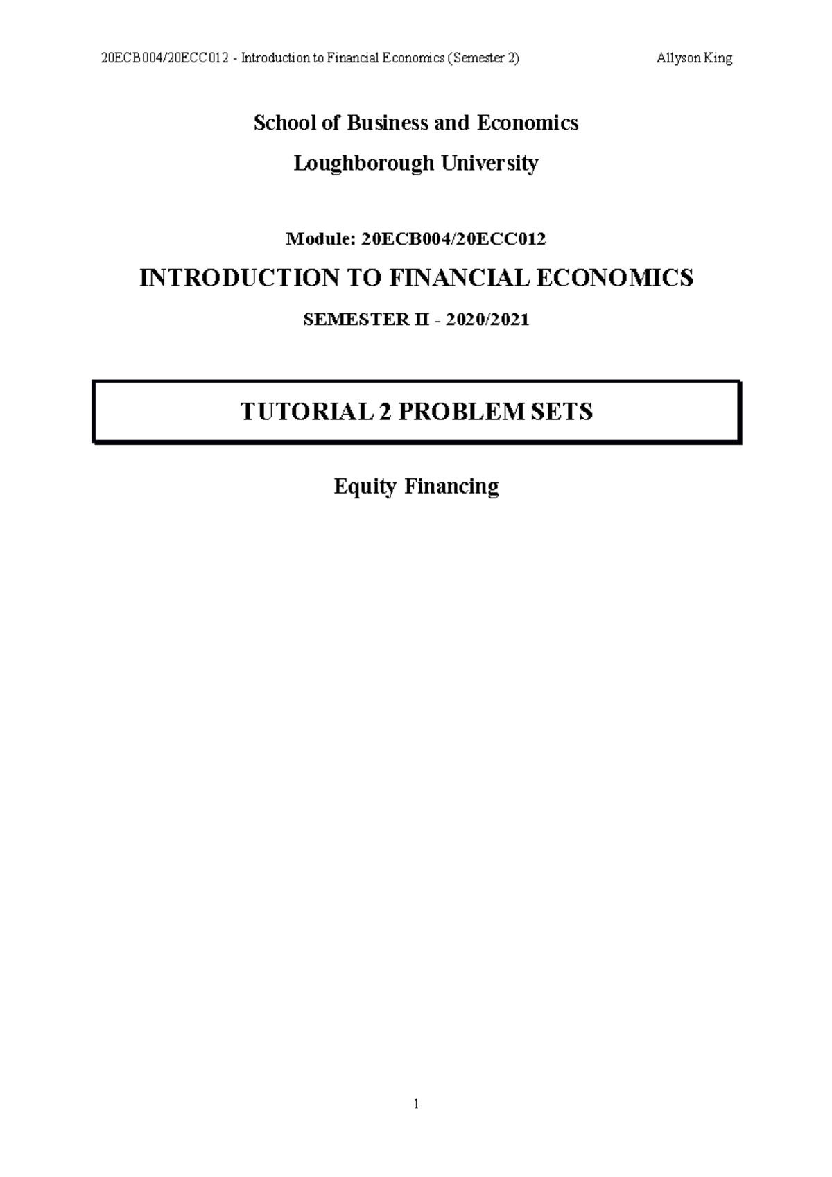 Tutorial Problem Set - 20ECB004/20ECC012 - Introduction to Financial ...