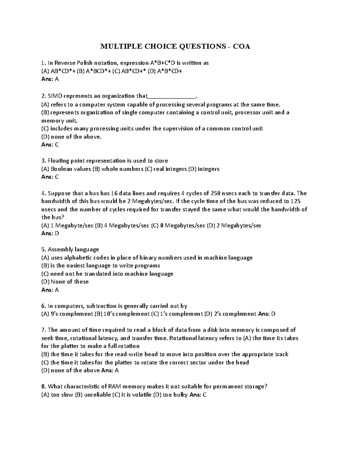COMPUTER ORGANIZATION AND ARCHITECTURE MCQ - MULTIPLE CHOICE QUESTIONS ...