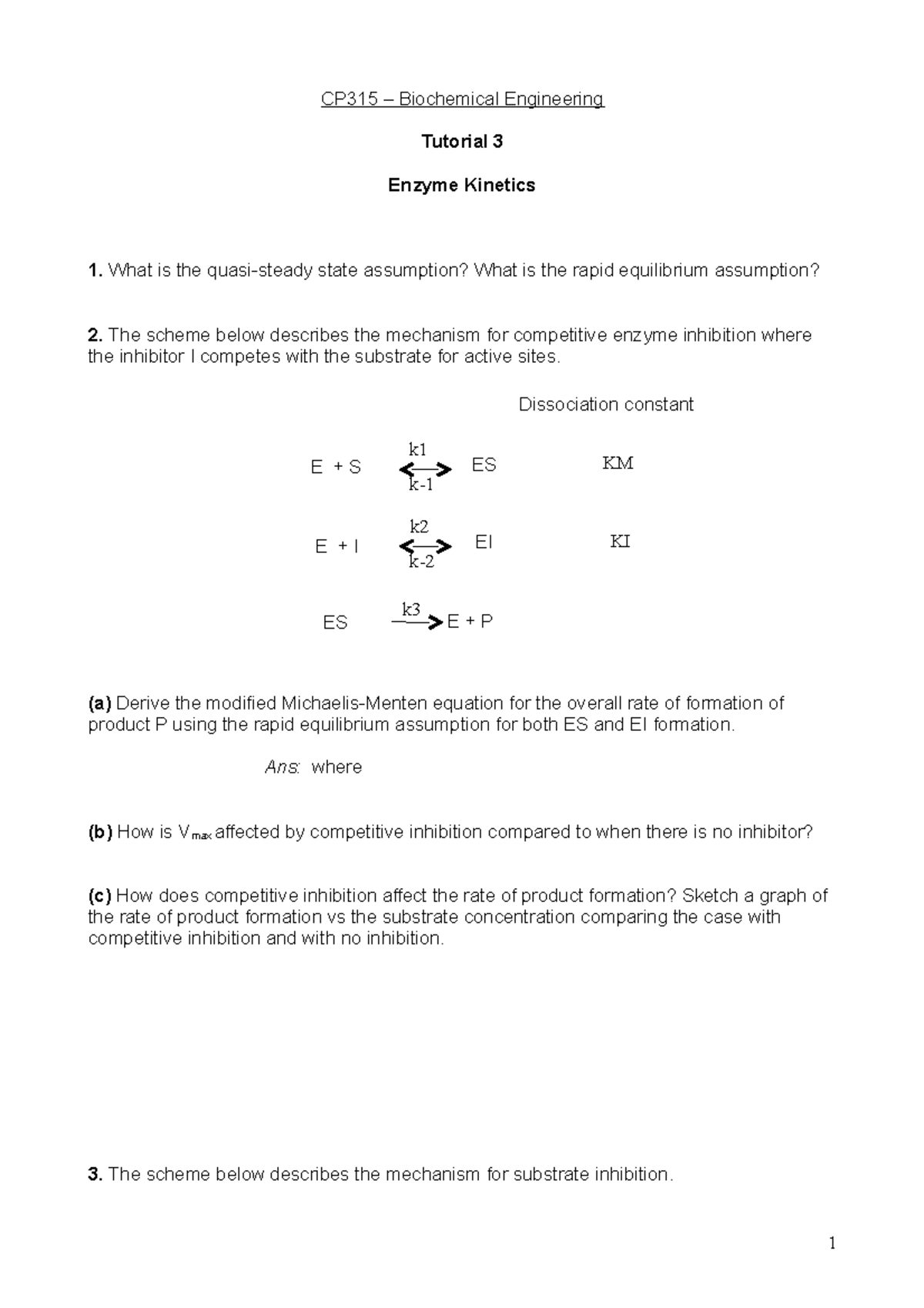 Tutorial 3 Enzyme Kinetics - E + S ES k k- E + I EI k k- ES E + P k Dissociation constant KM KI ...
