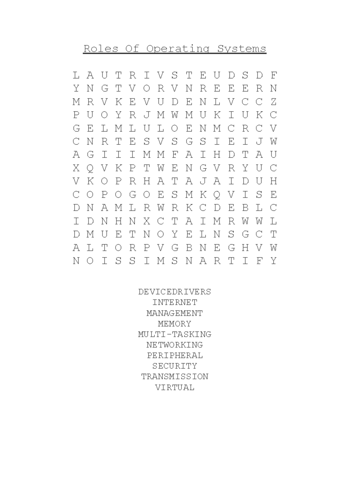 Roles Of Operating Systems wordsearch - Roles Of Operating Systems L A ...