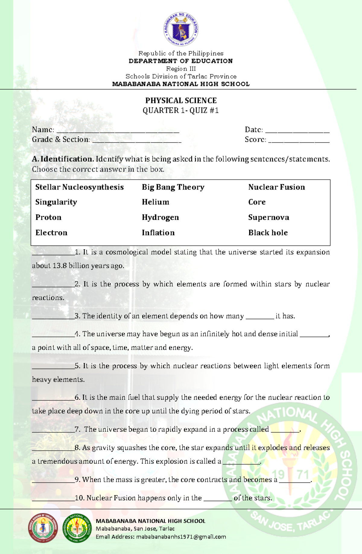 Phy Scie Q1 Quiz1 - Quiz - Republic of the Philippines DEPARTMENT OF EDUCATION Region III ...