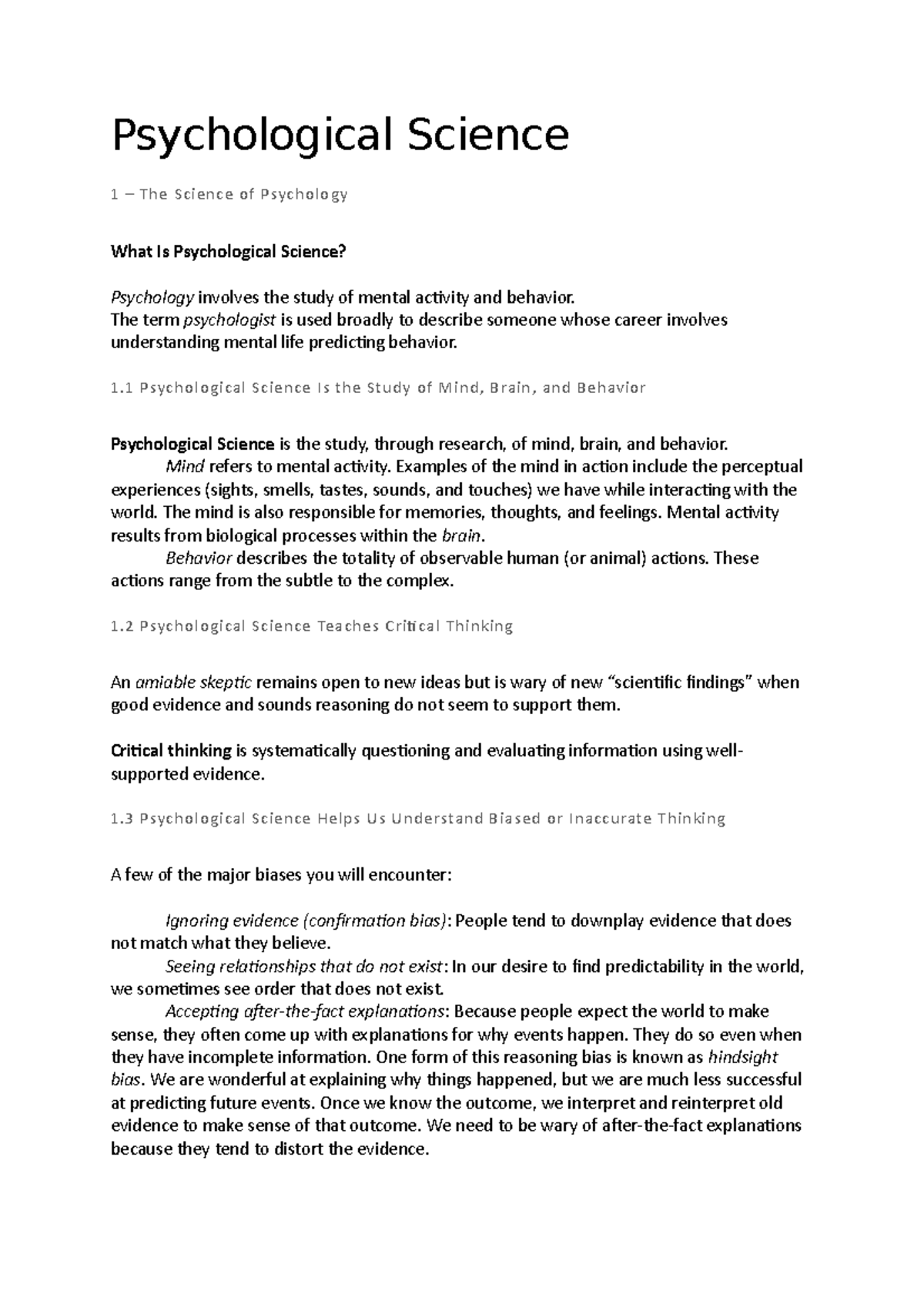 Psychological Science deel 1 - Psychological Science 1 – The Science of ...