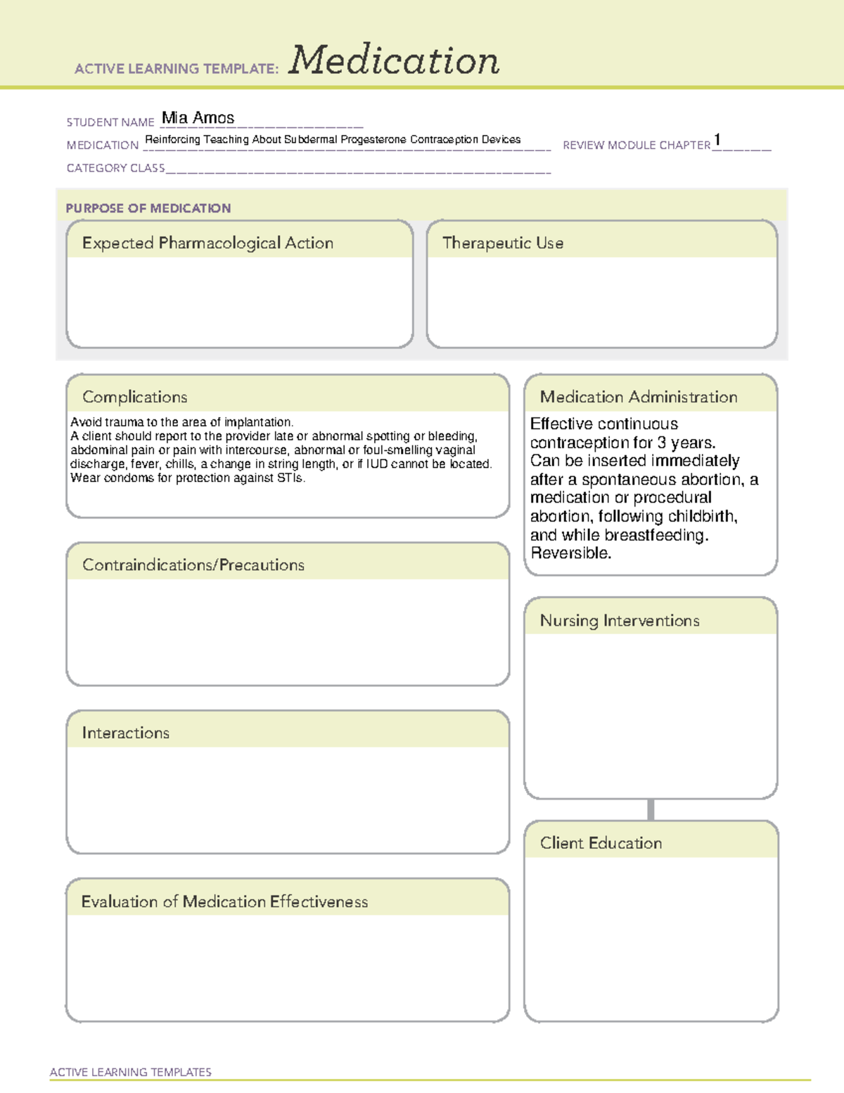 Subdermal contraception - ACTIVE LEARNING TEMPLATES Medication STUDENT ...