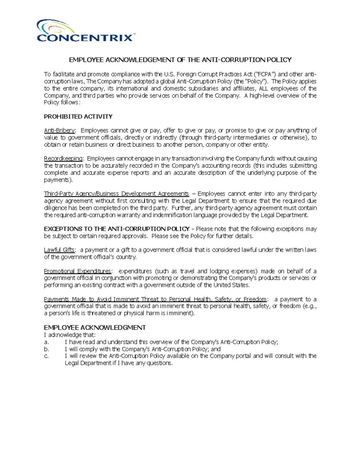 CNX+PHL+Anti-Corruption+Policy - EMPLOYEE ACKNOWLEDGEMENT OF THE ANTI ...