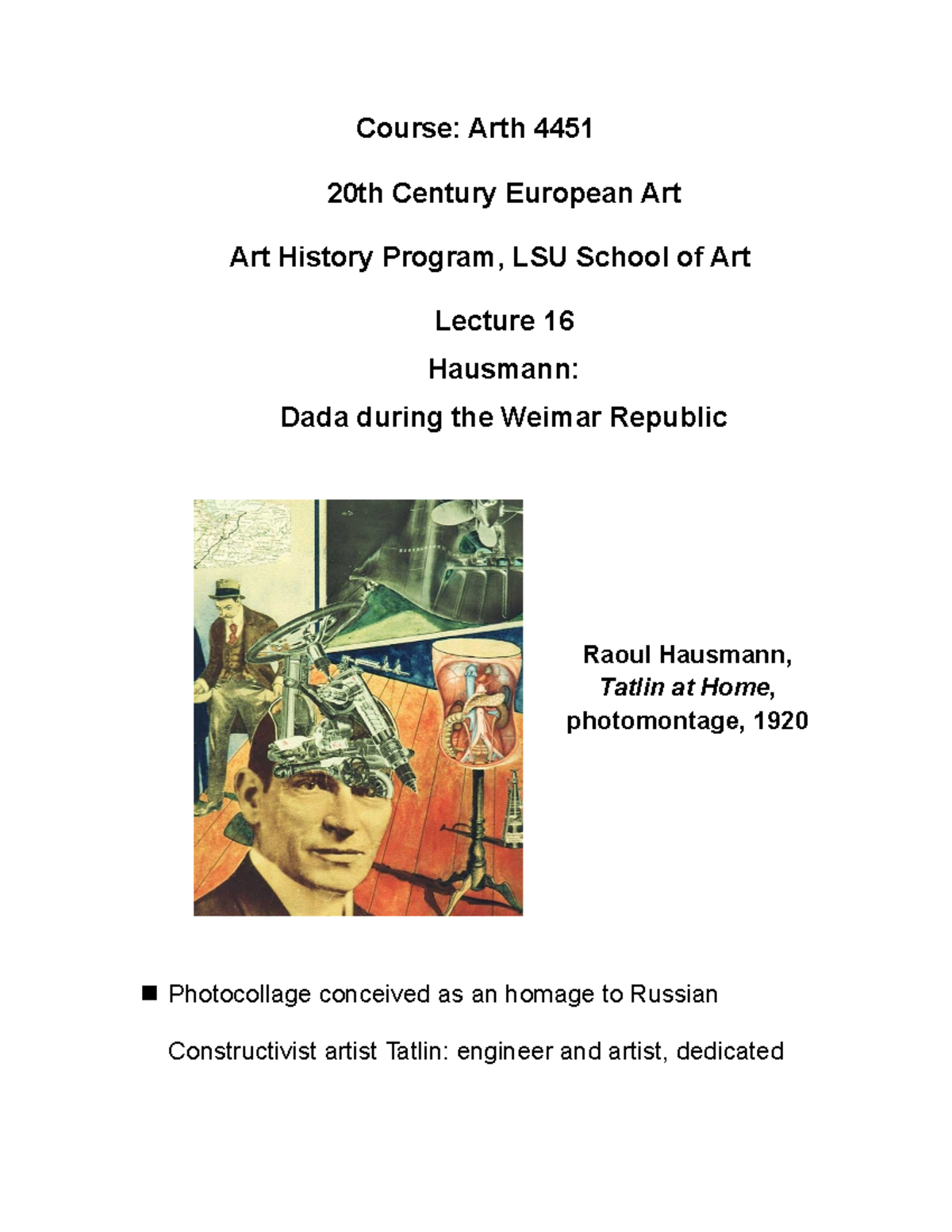 Hausmann y Höch - 20th Century Art History lecture notes from ppt ...