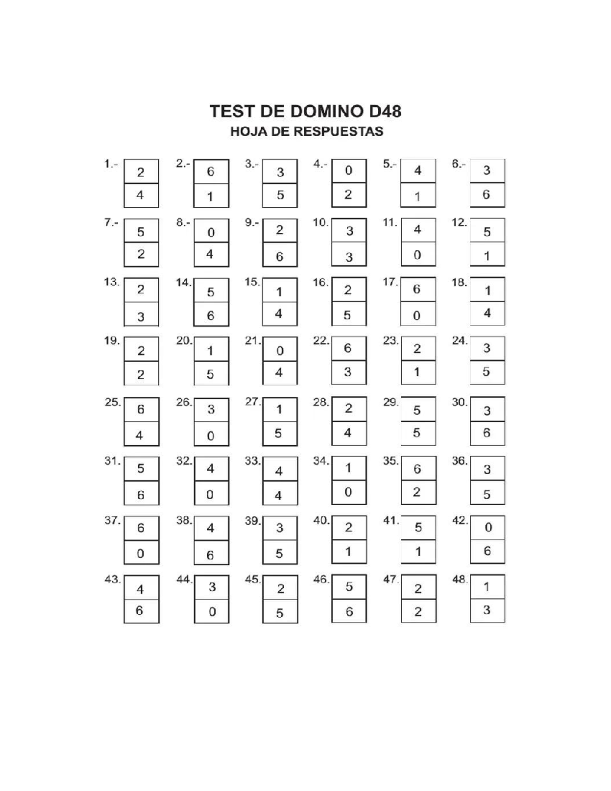 Respuesta Domino - TEST DE DOMINO D48 HOJA DE RESPUESTAS 2 6 3 0 4 3 4 ...