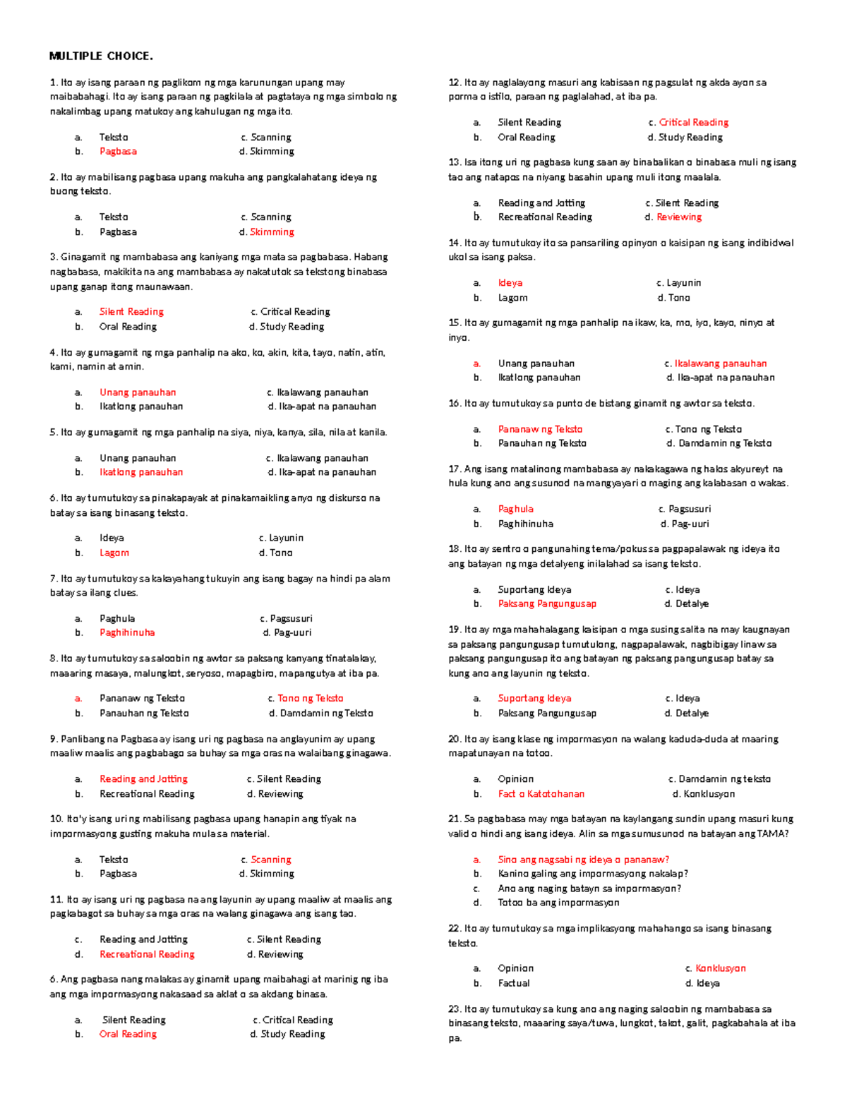 Test in pag at pag - jbgjjk - MULTIPLE CHOICE. Ito ay isang paraan ng ...