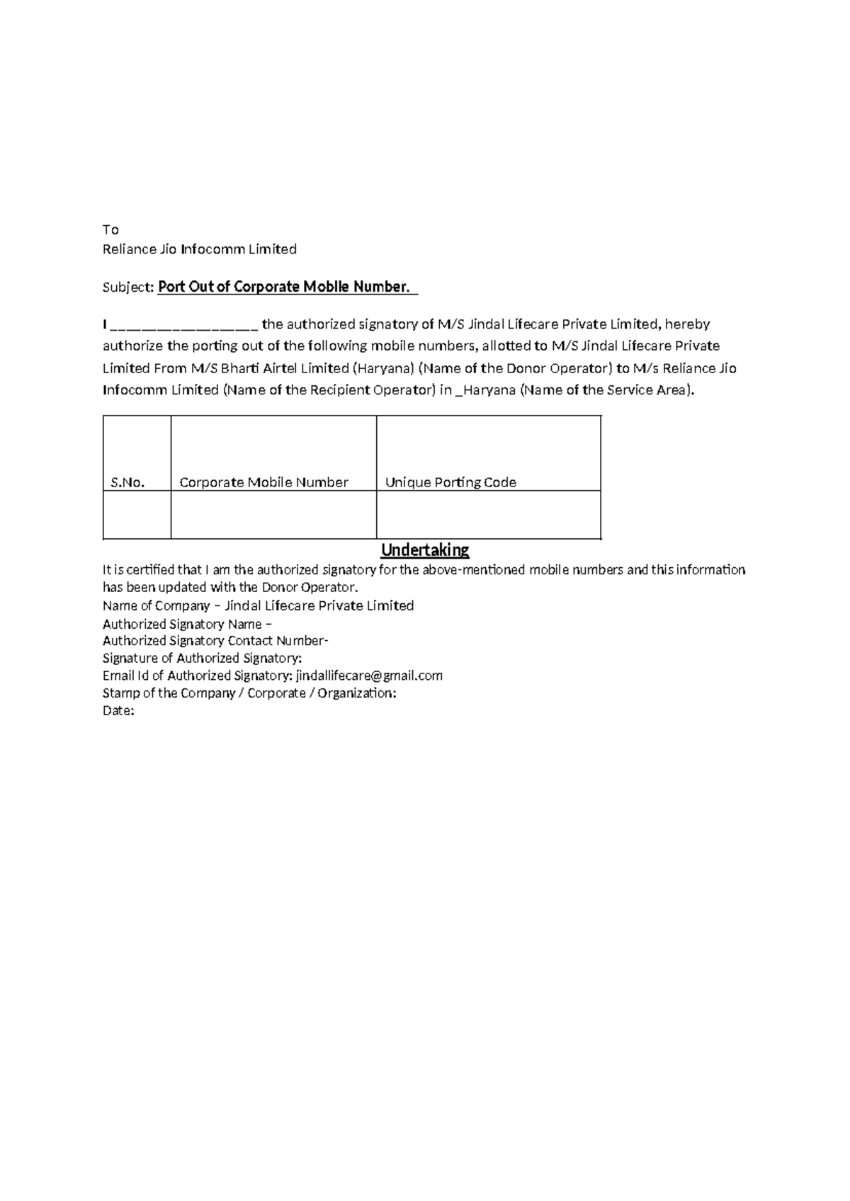 MNP Letter - To Reliance Jio Infocomm Limited Subject: Port Out of ...