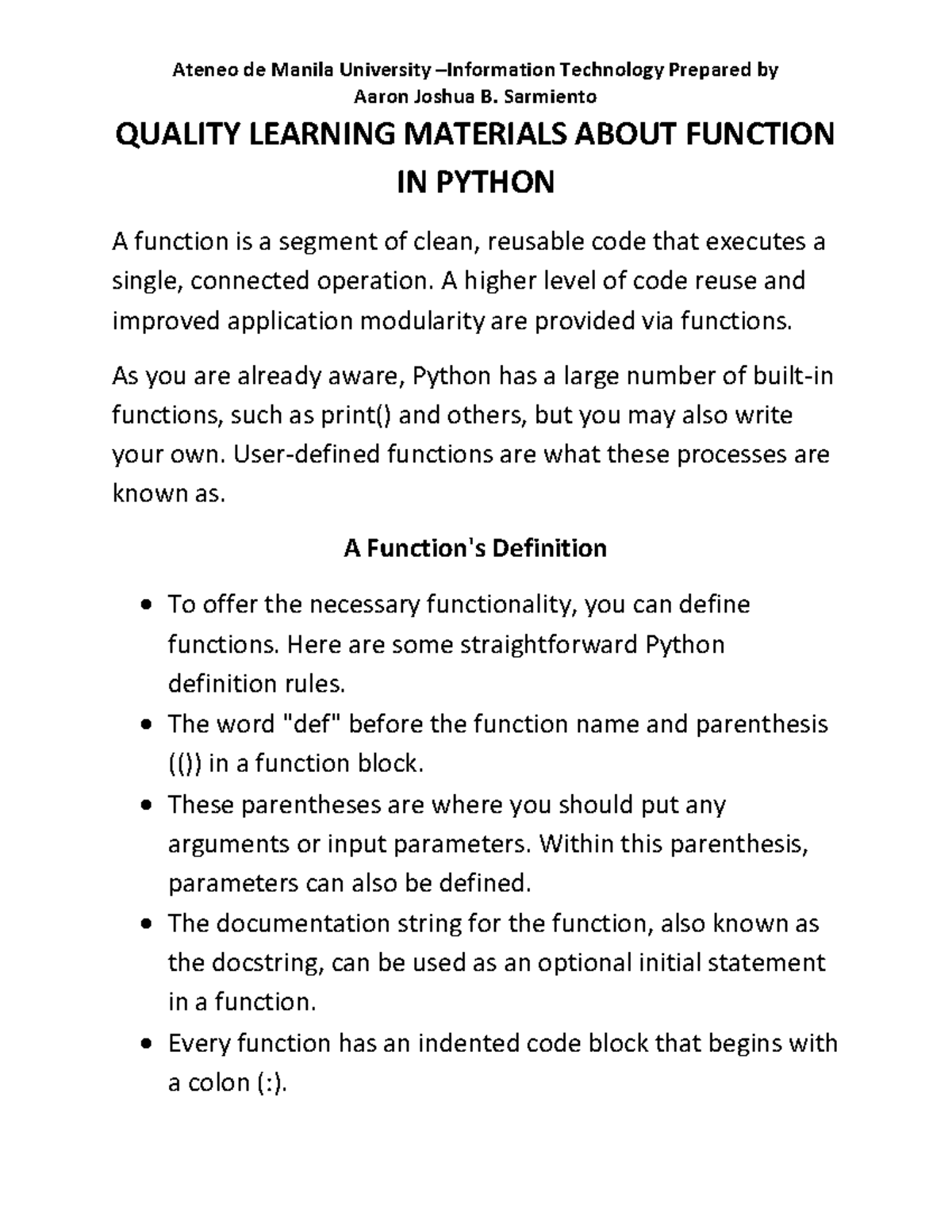 Quality Learning Materials About Functions in Python - QUALITY LEARNING MATERIALS ABOUT FUNCTION ...