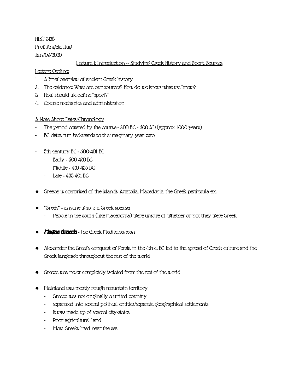 HIST 3125 lecture 1 - Winter 2020 Professor Angela Hug - HIST 3125 Prof ...