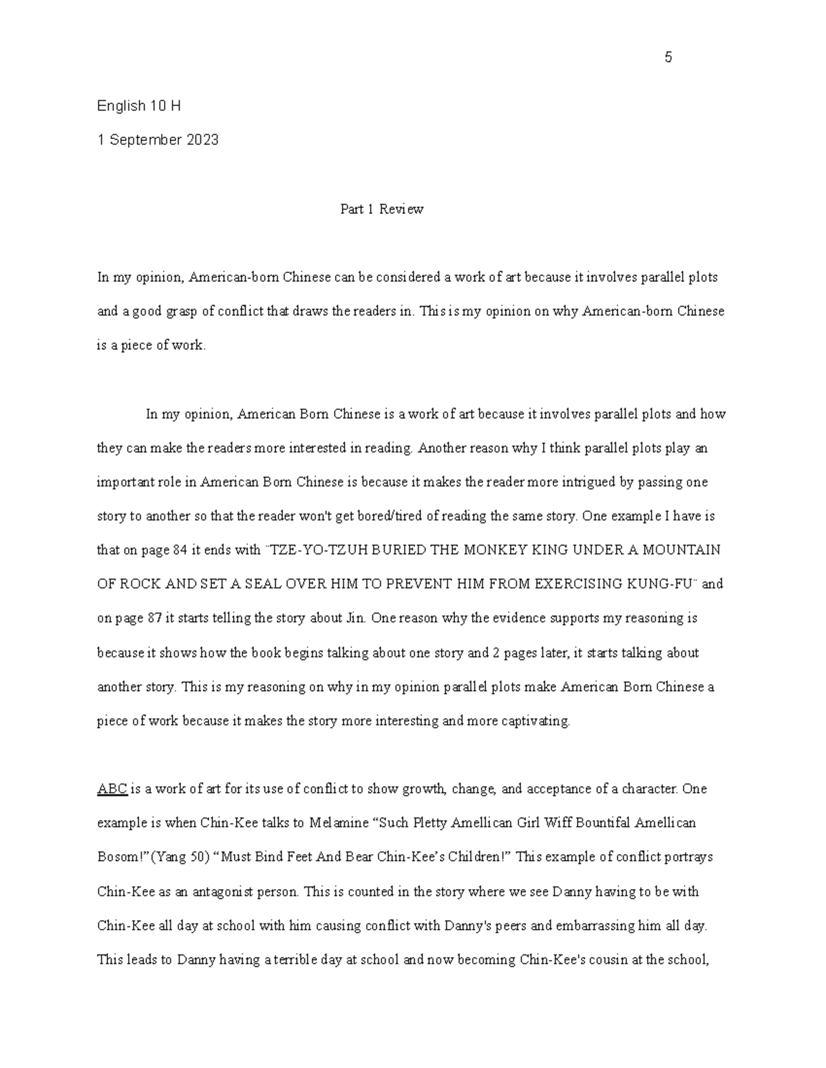 ENG 10 American Born Chinese Part 1 - 5 English 10 H 1 September 2023 ...