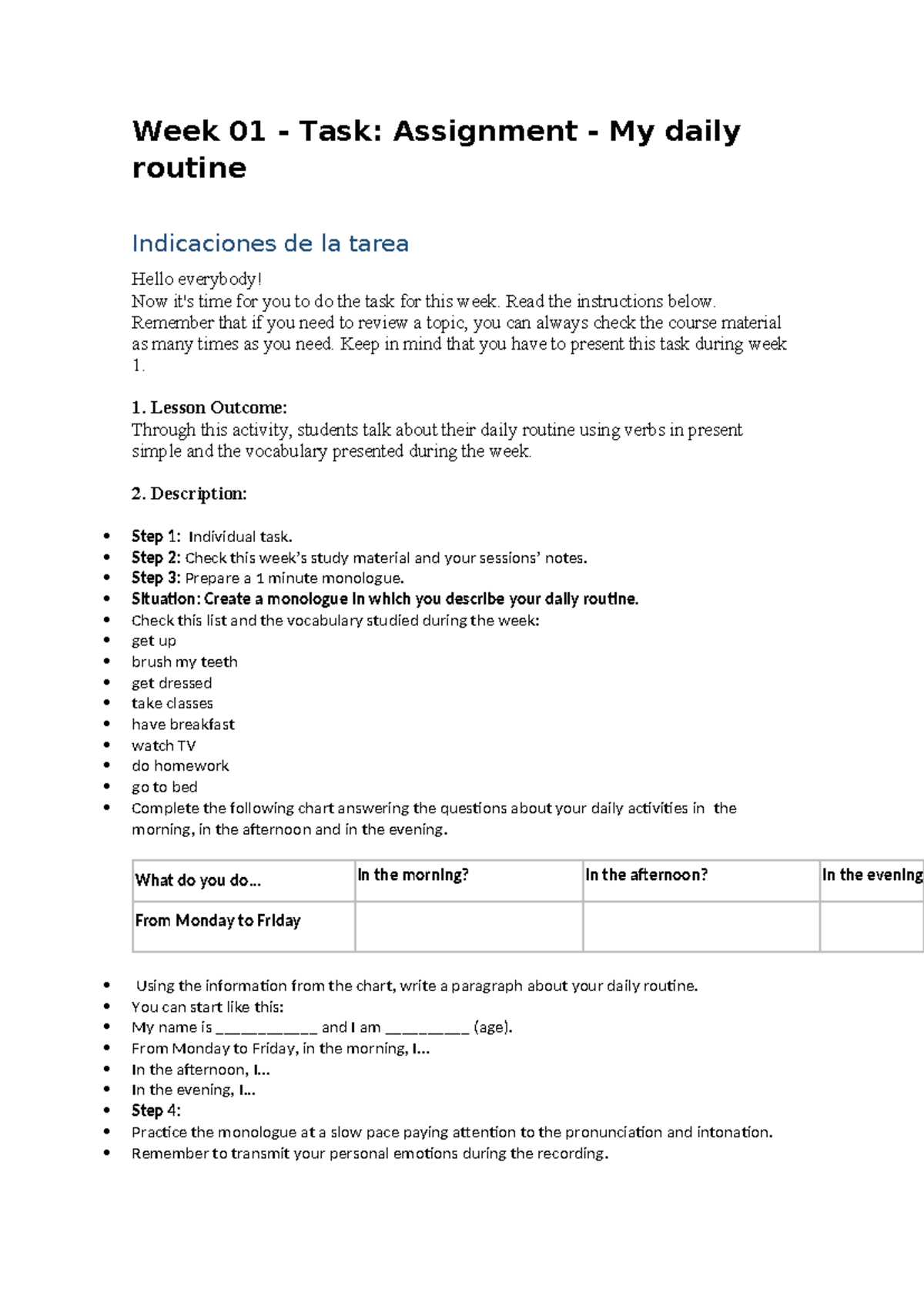 Week 01 Task Assignment My Daily Routine Week 01 Task Assignment