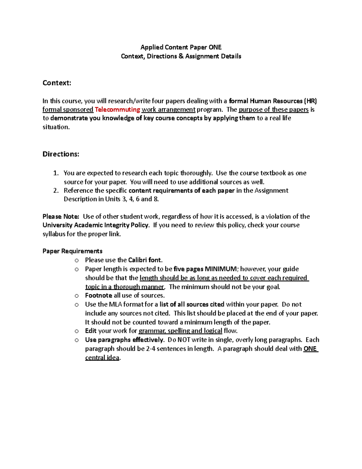 Course Papers Directions - Applied Content Paper ONE Context ...