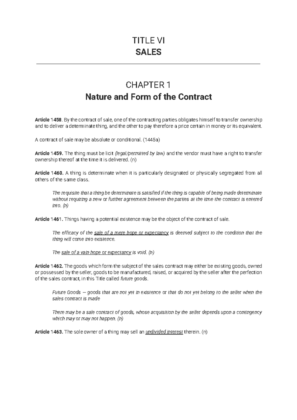 Civil Code [Article 1458–1494] - TITLE VI SALES - Studocu