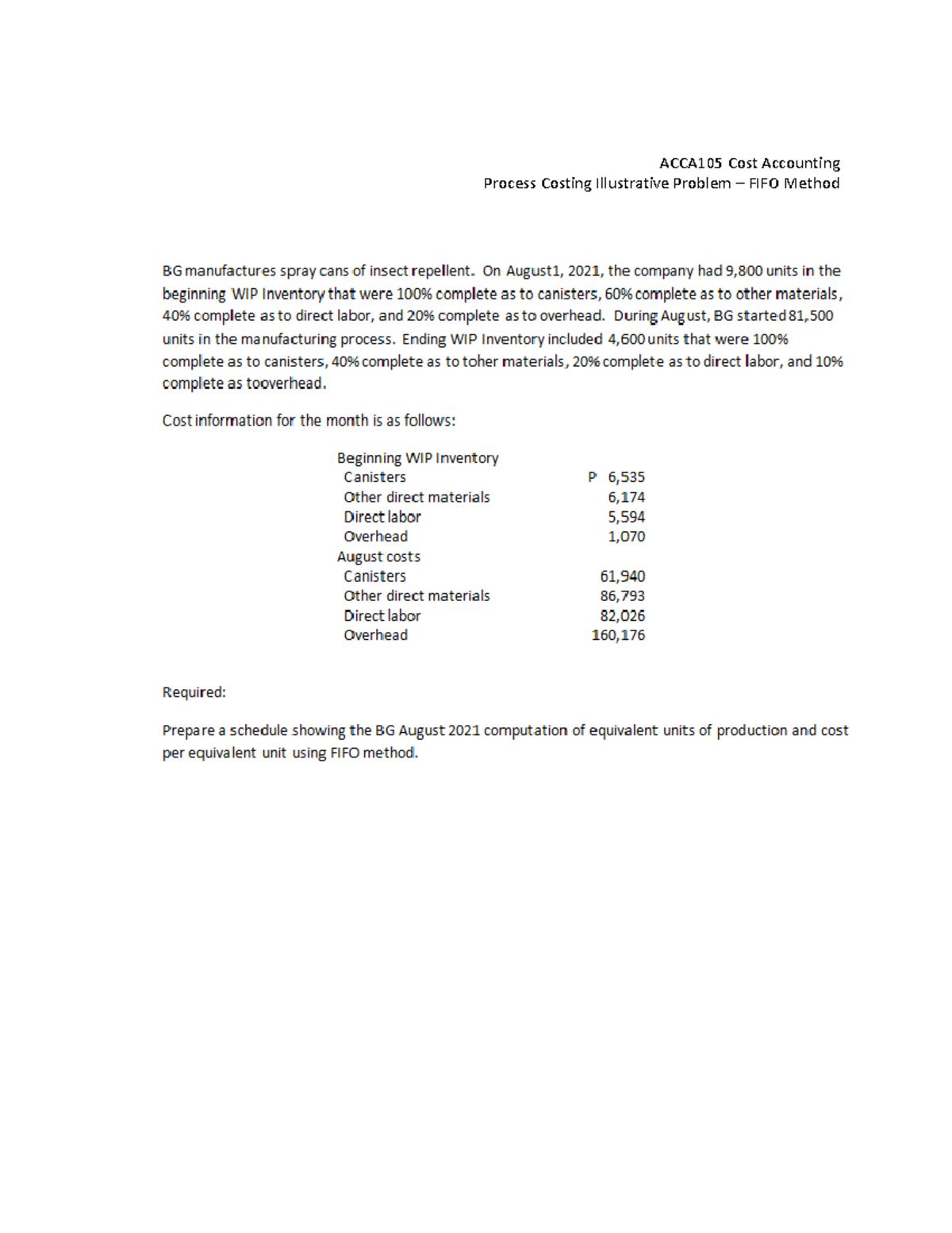 Cost of Production Report Illustrative Problem FIFO Method - ACCA105 ...
