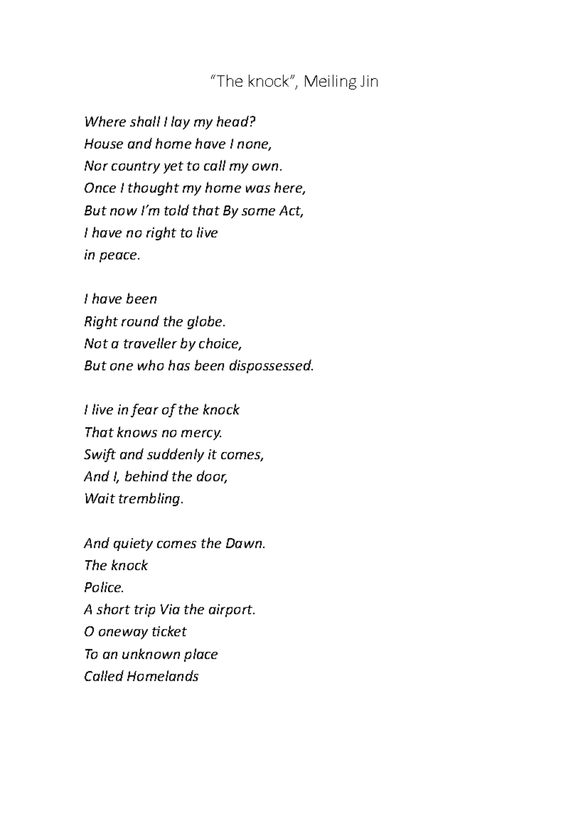 The knock - Poema fundamental para estudiar de cara al examen final. - “The knock”, Meiling Jin ...