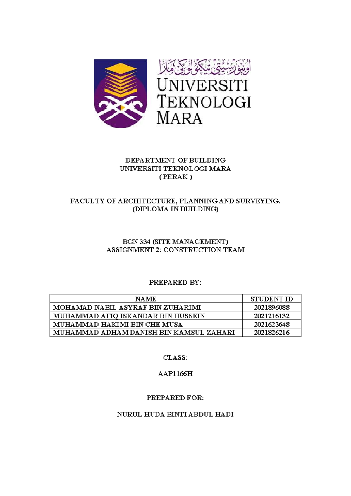 Assignment 2 madam huda bgn334 - DEPARTMENT OF BUILDING UNIVERSITI ...
