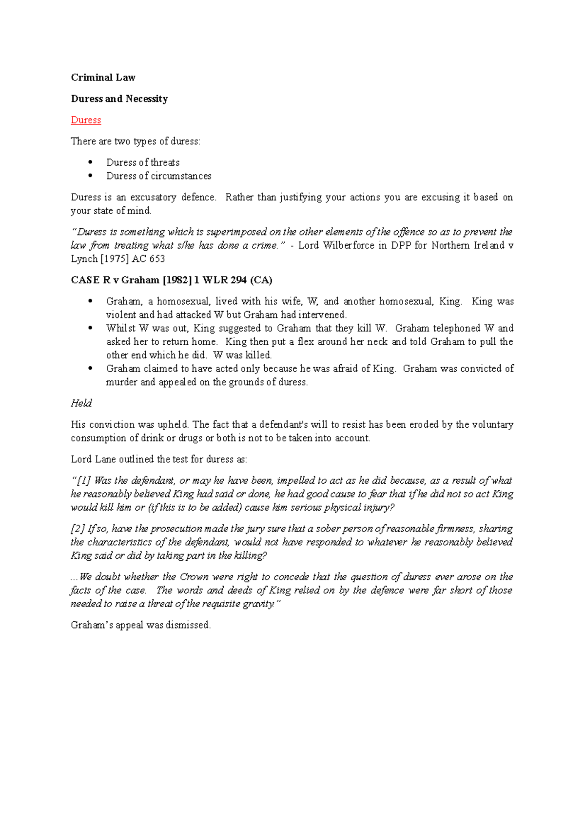 Duress and Necessity Notes - Criminal Law Duress and Necessity Duress ...