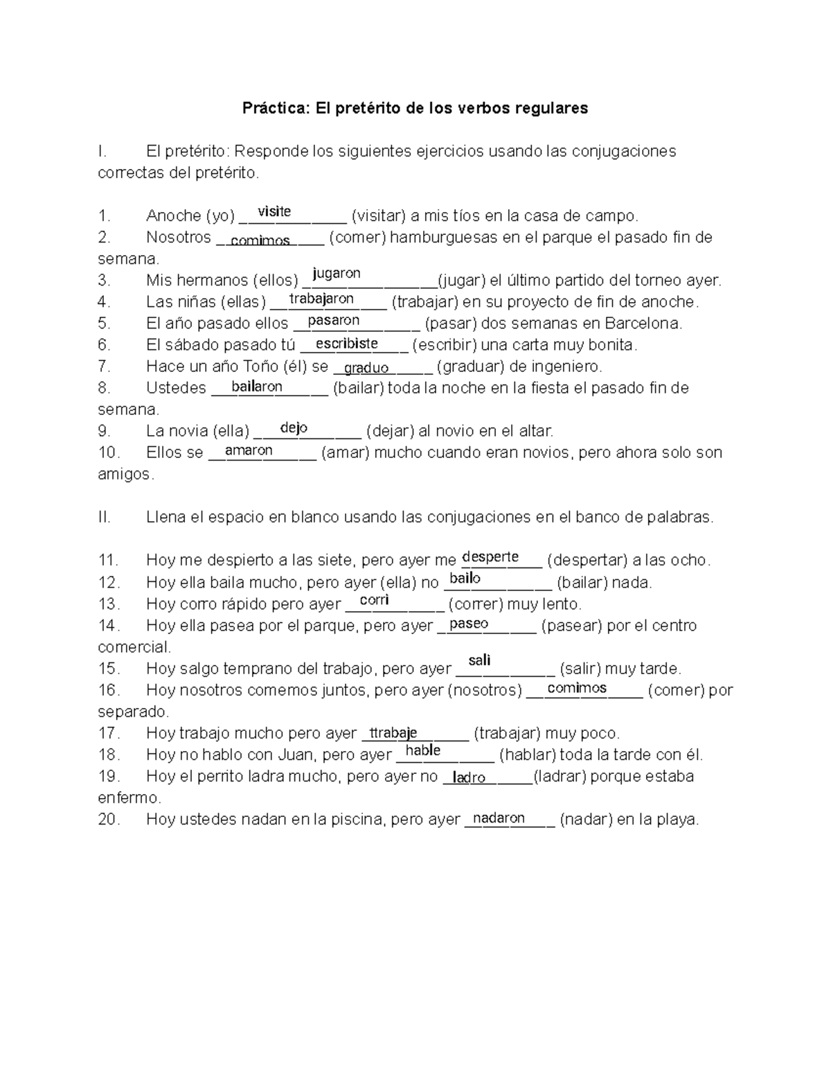 Elber Barco - Repaso para el examen - Práctica: El pretérito de los ...