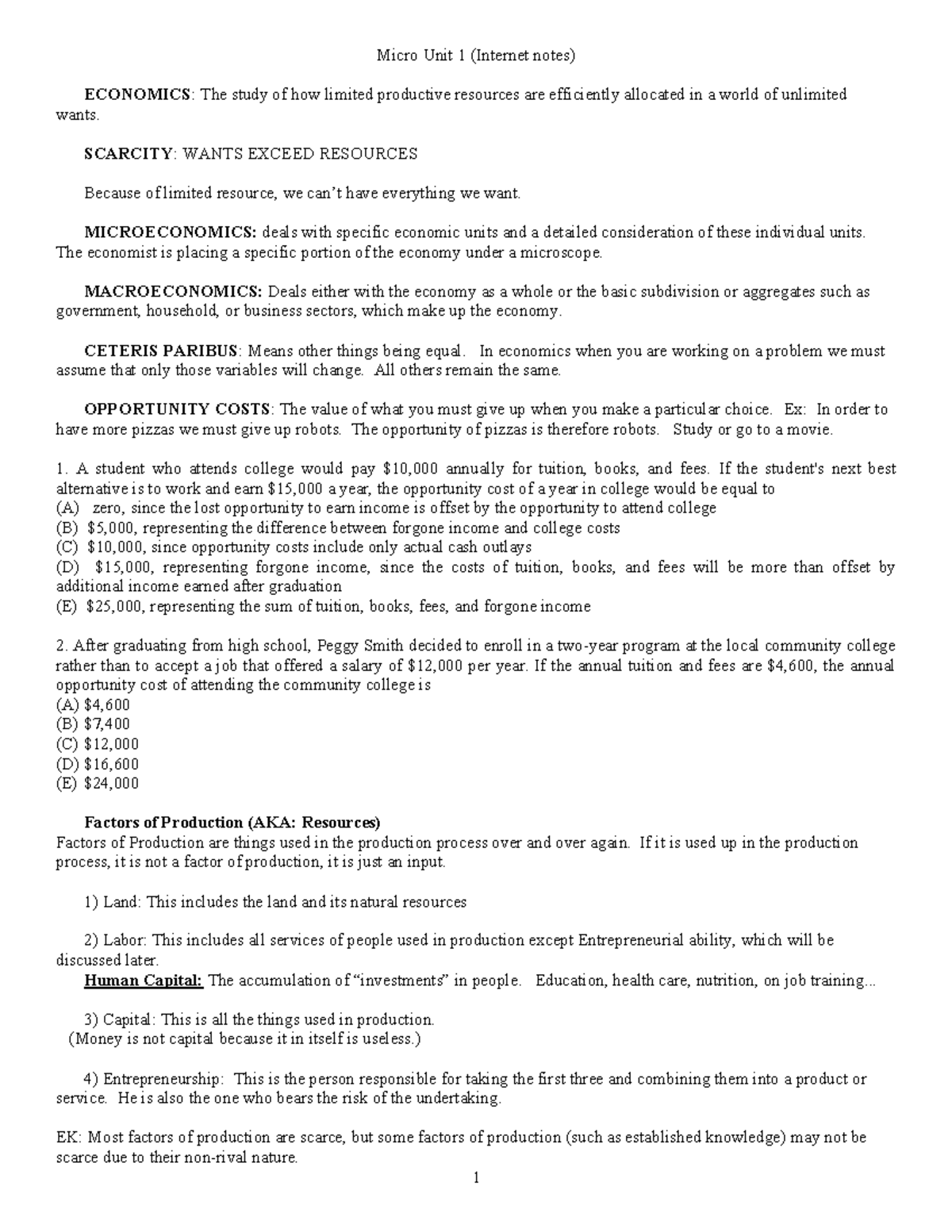 Micro Unit 1 internet notes - Micro Unit 1 (Internet notes) ECONOMICS ...