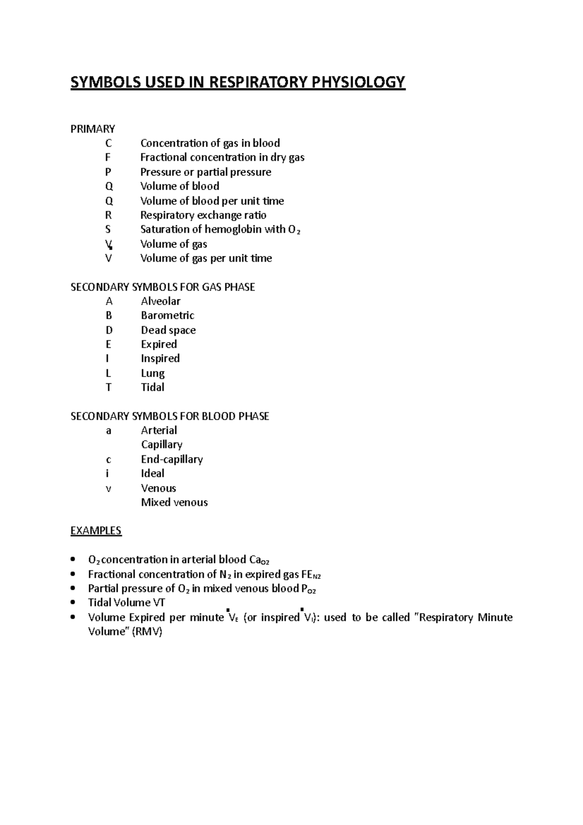 Symbols USED IN Respiratory Physiology - SYMBOLS USED IN RESPIRATORY ...