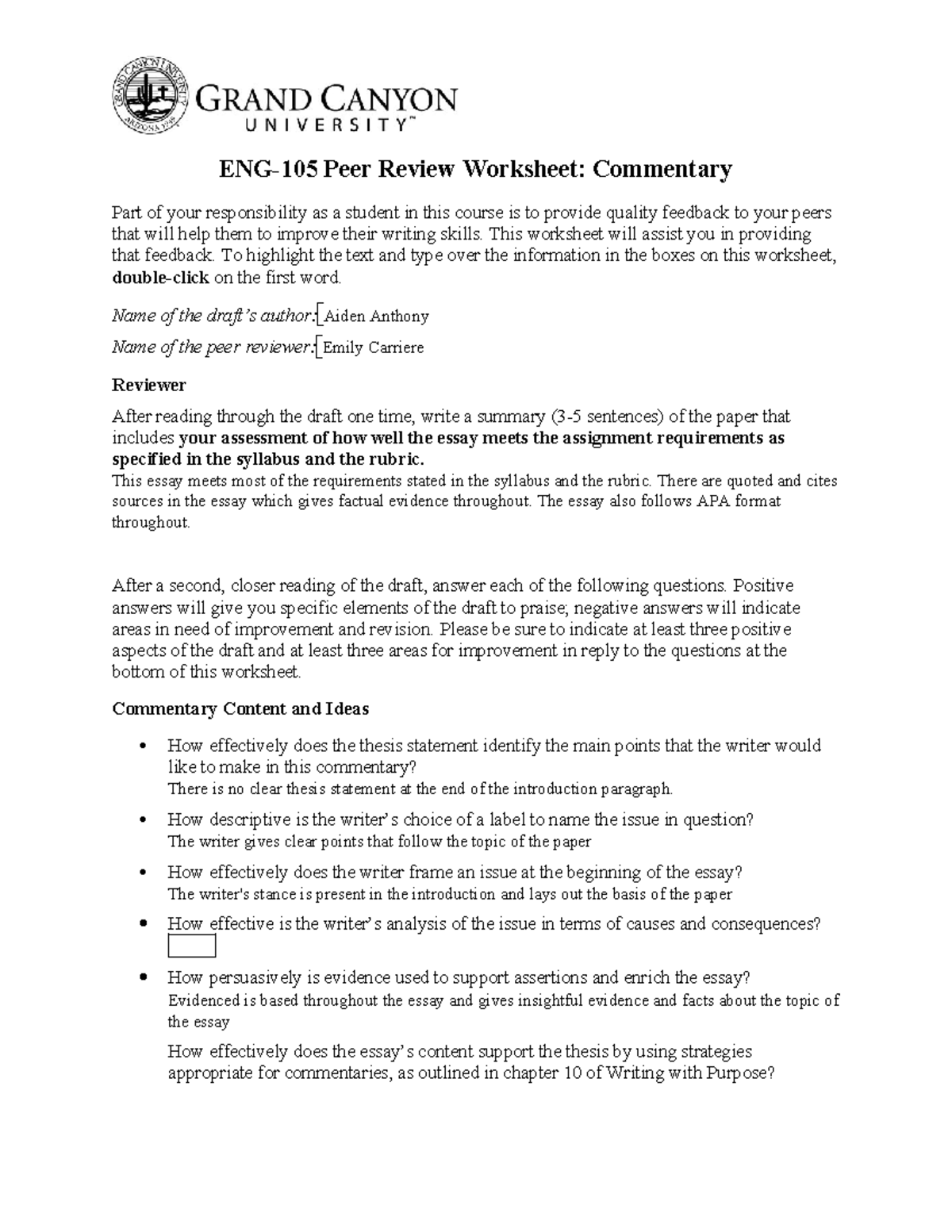 Commentary Peer Review - ENG-105 Peer Review Worksheet: Commentary Part ...