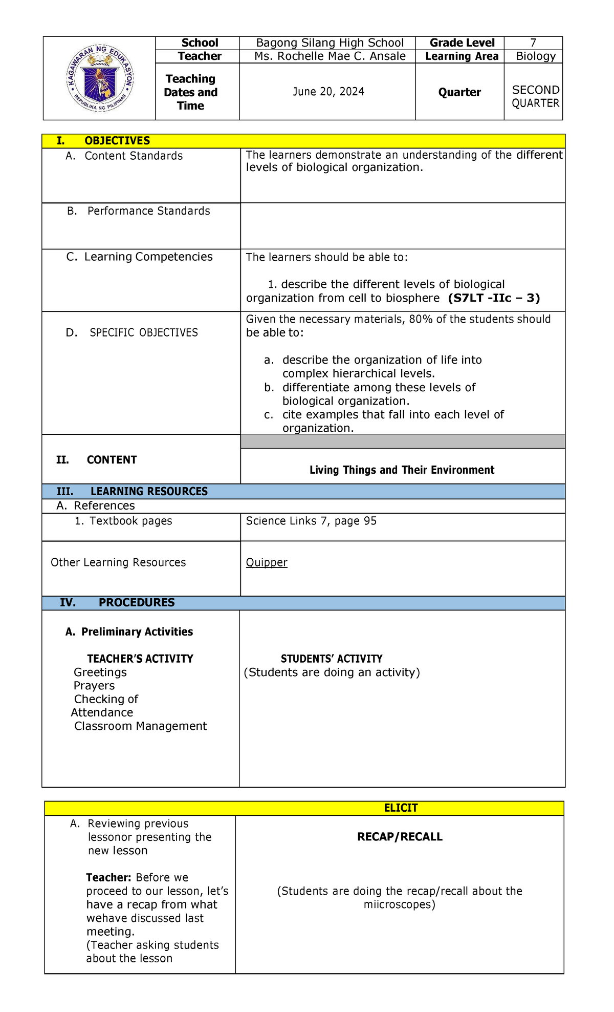 Learning PLAN (DEMO CC) - School Bagong Silang High School Grade Level ...