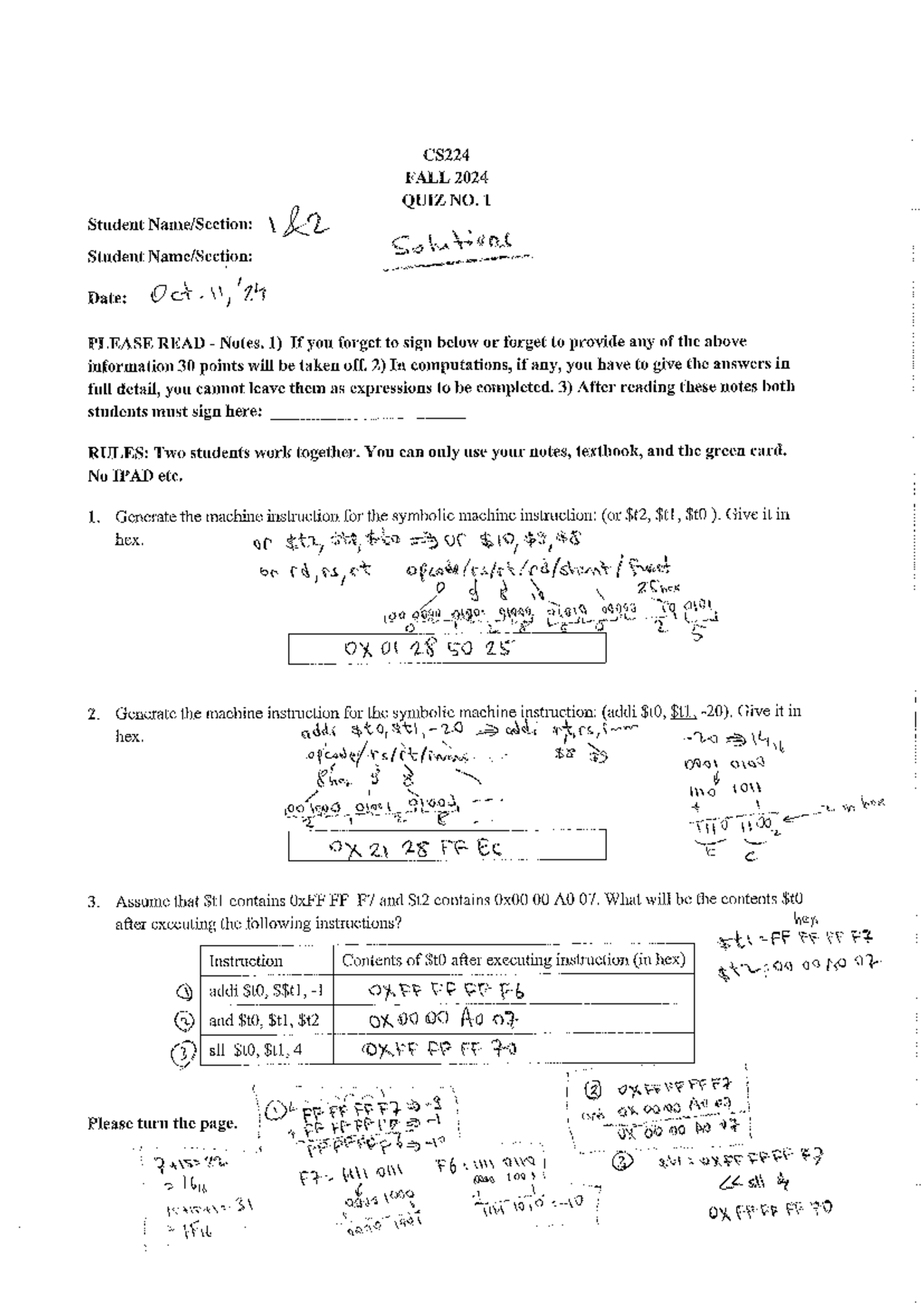 CS224 Fall2024Quiz No 1solution - CS224 FALL 2024 QUIZ NO. 1 Student Solutions Student Date ...