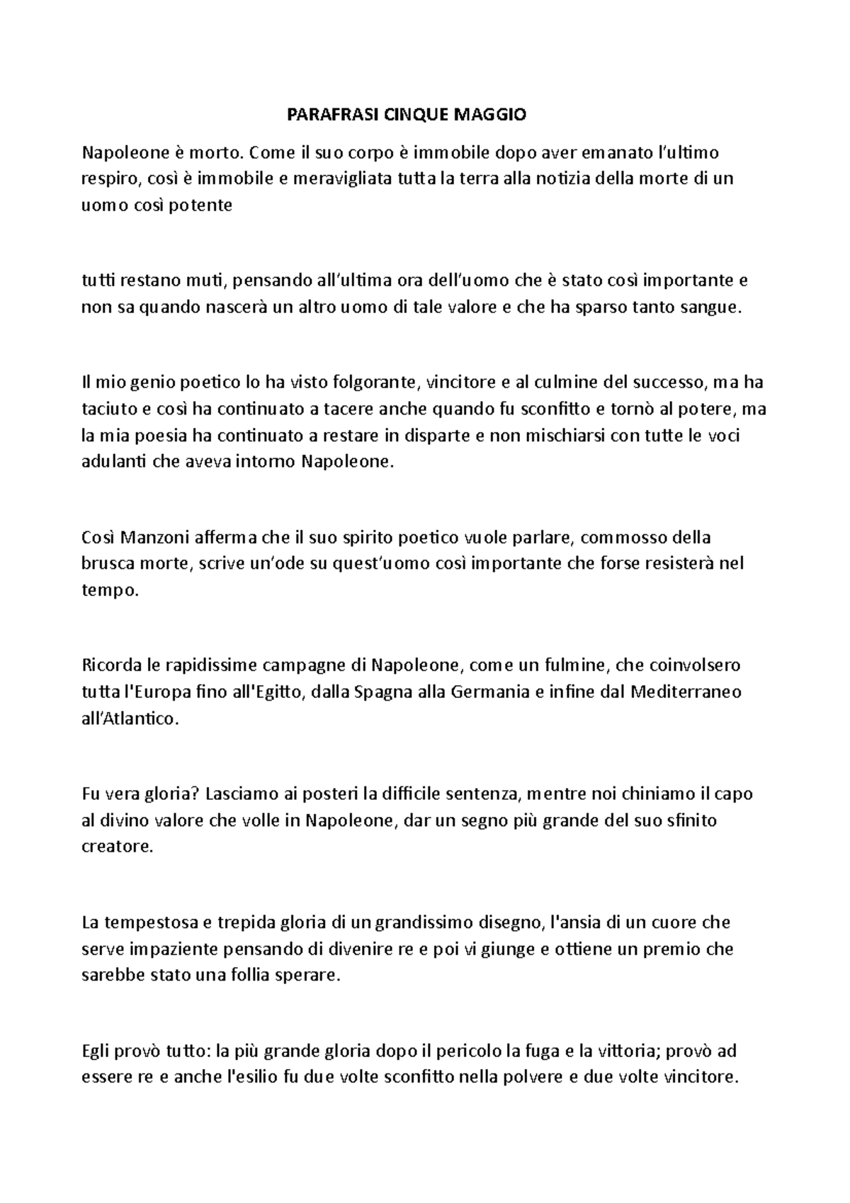 Parafrasi Cinque Maggio - PARAFRASI CINQUE MAGGIO Napoleone è morto ...