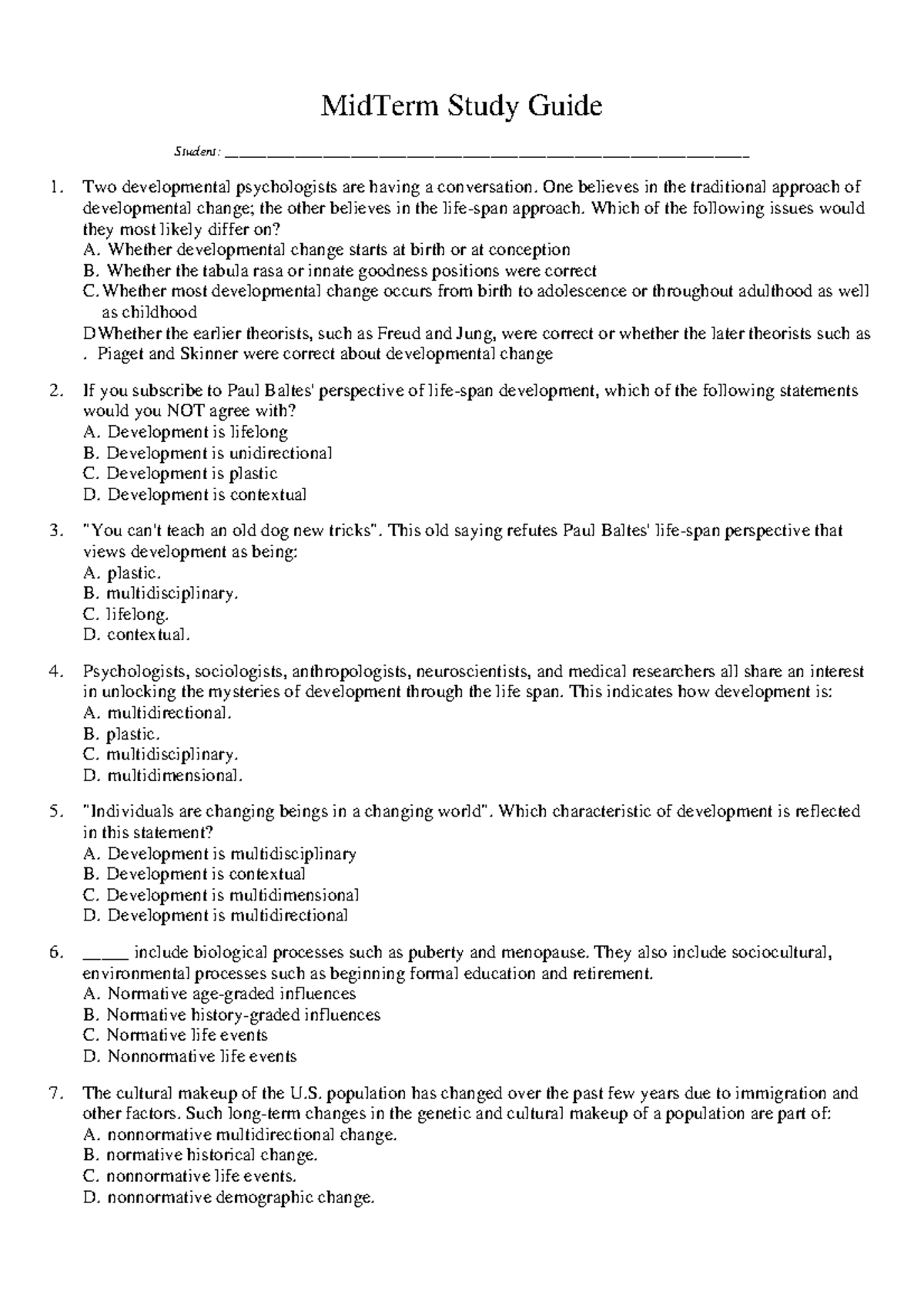 PSYC 203 Mid Term Study Guide - MidTerm Study Guide Student: - Studocu