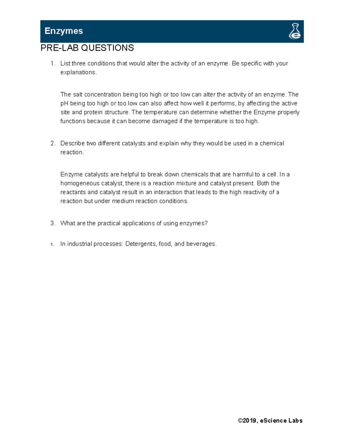 IB 1201 L05 Enzymes- Stephane Monichon - PRE-LAB QUESTIONS List three ...