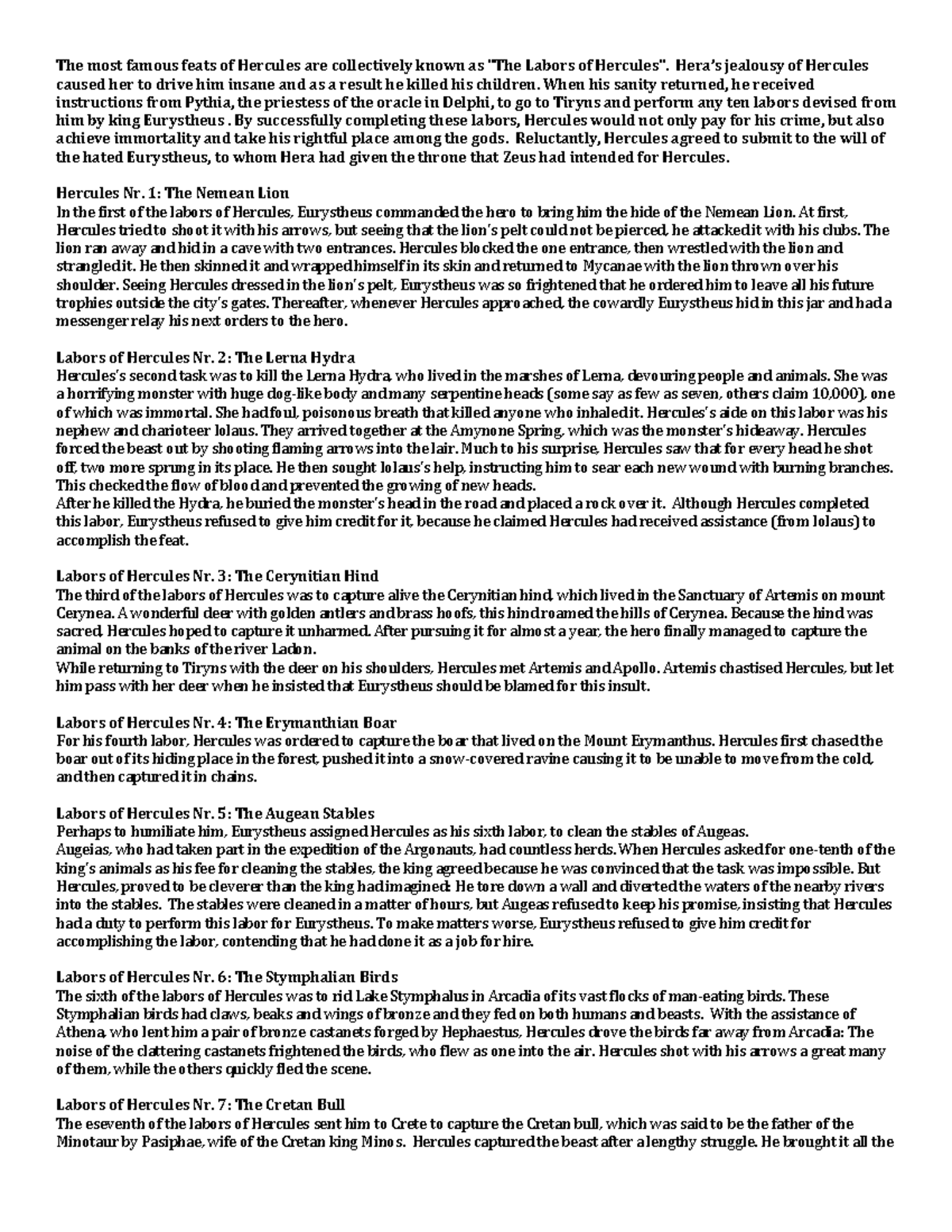12 Labours of Hercules - Summary Gods, Heroines and Heroes in Greek ...