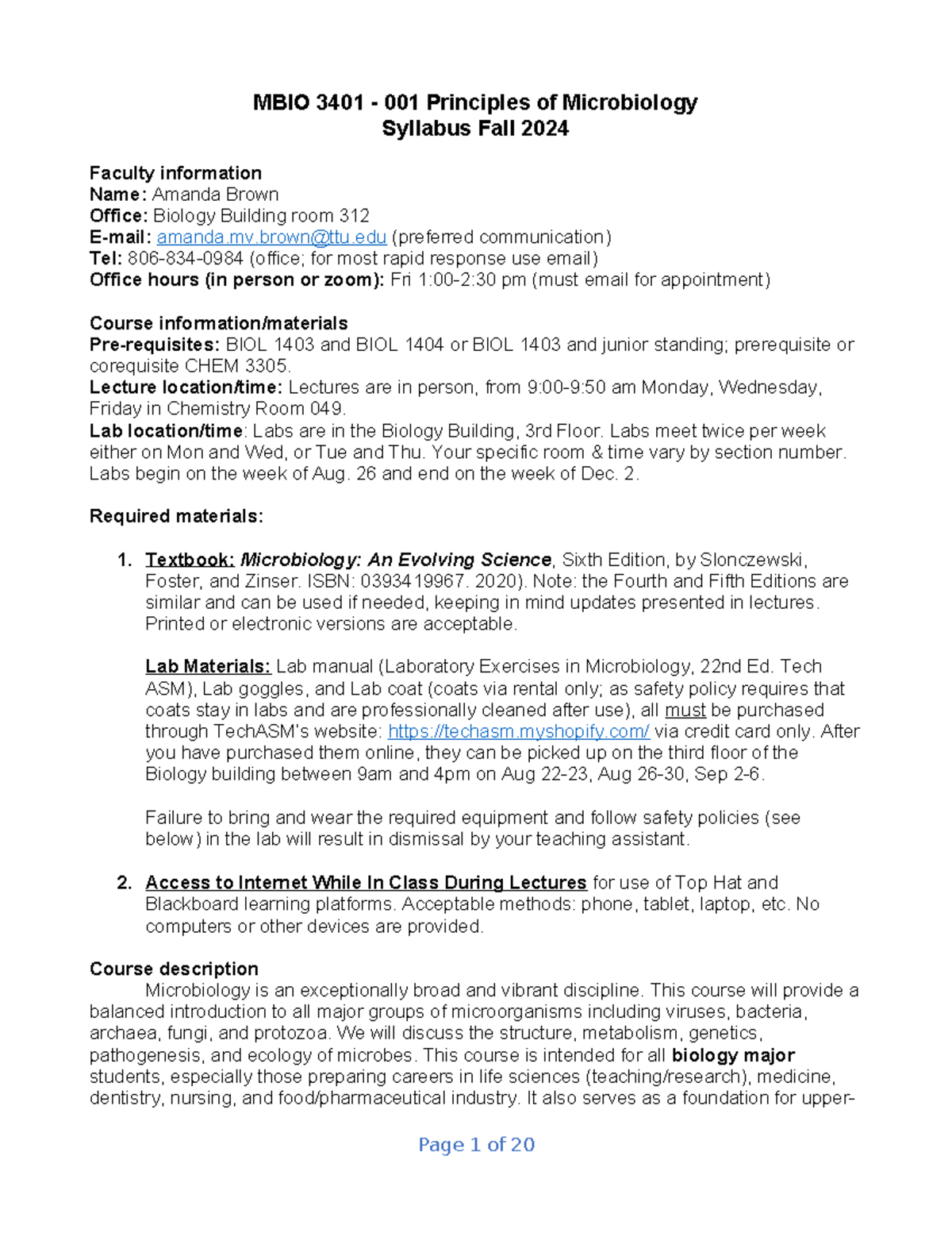 MBIO3401 Syllabus Fall 2024 Final - MBIO 3401 - 001 Principles of ...