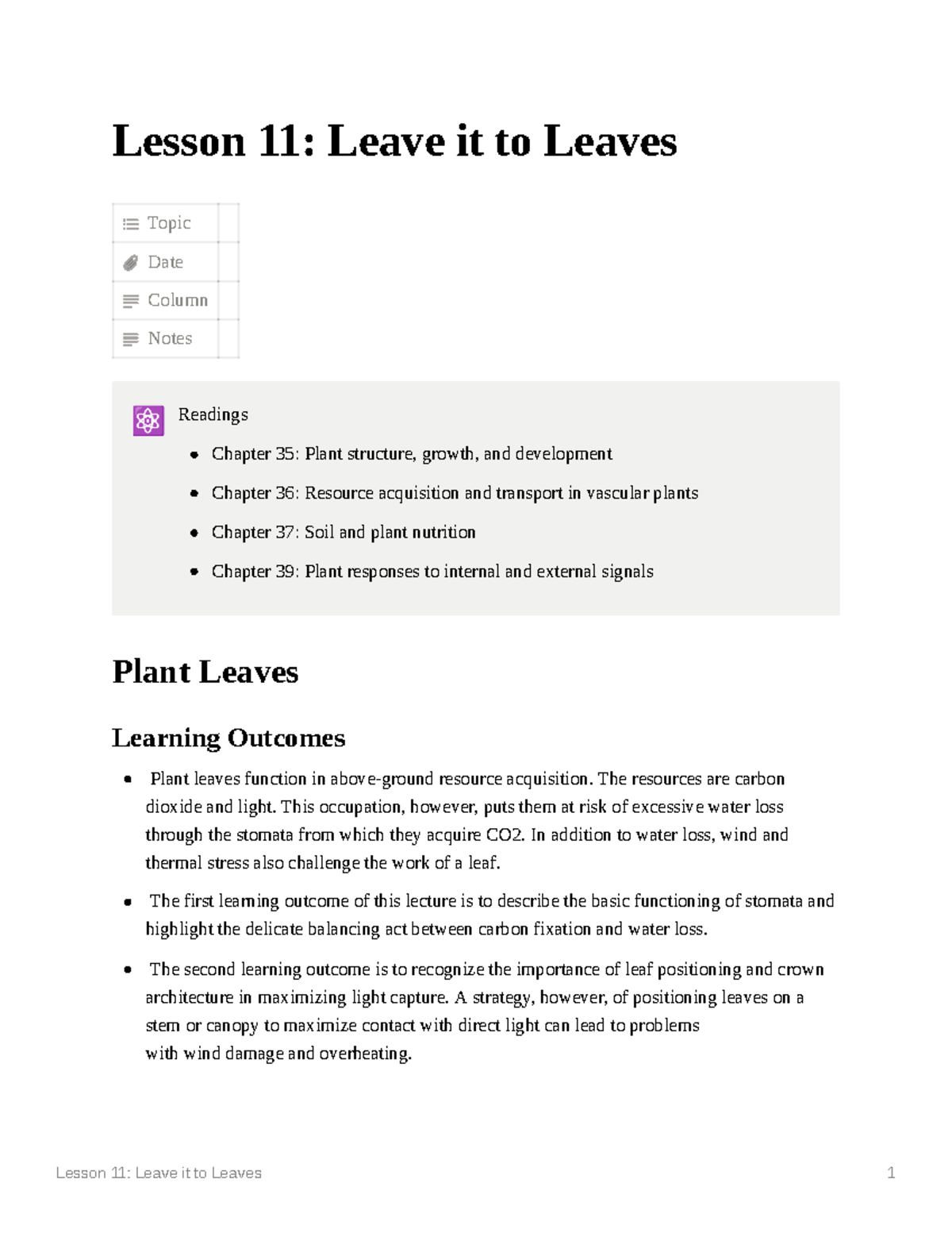 Lesson 11 Leave it to Leaves - Lesson 11: Leave it to Leaves Topic Date ...