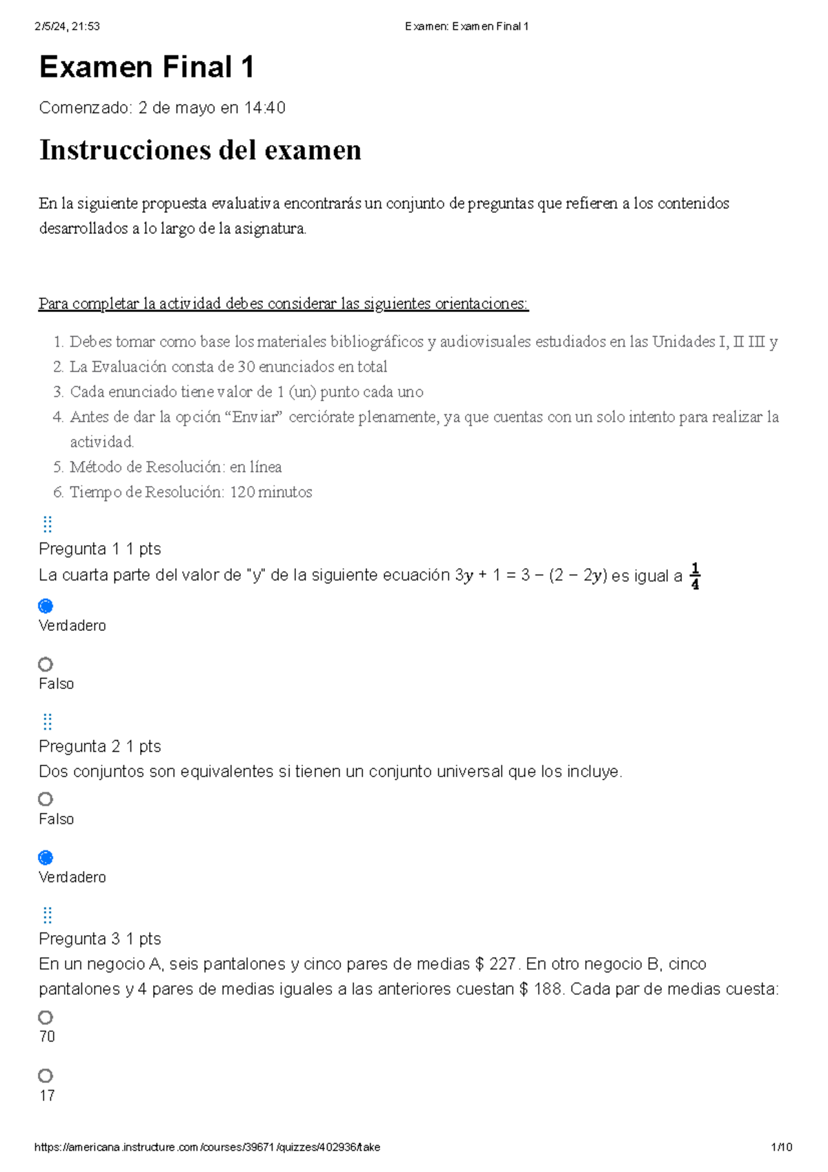 Examen Examen Final 1 - ... - Examen Final 1 Comenzado: 2 de mayo en 14 ...