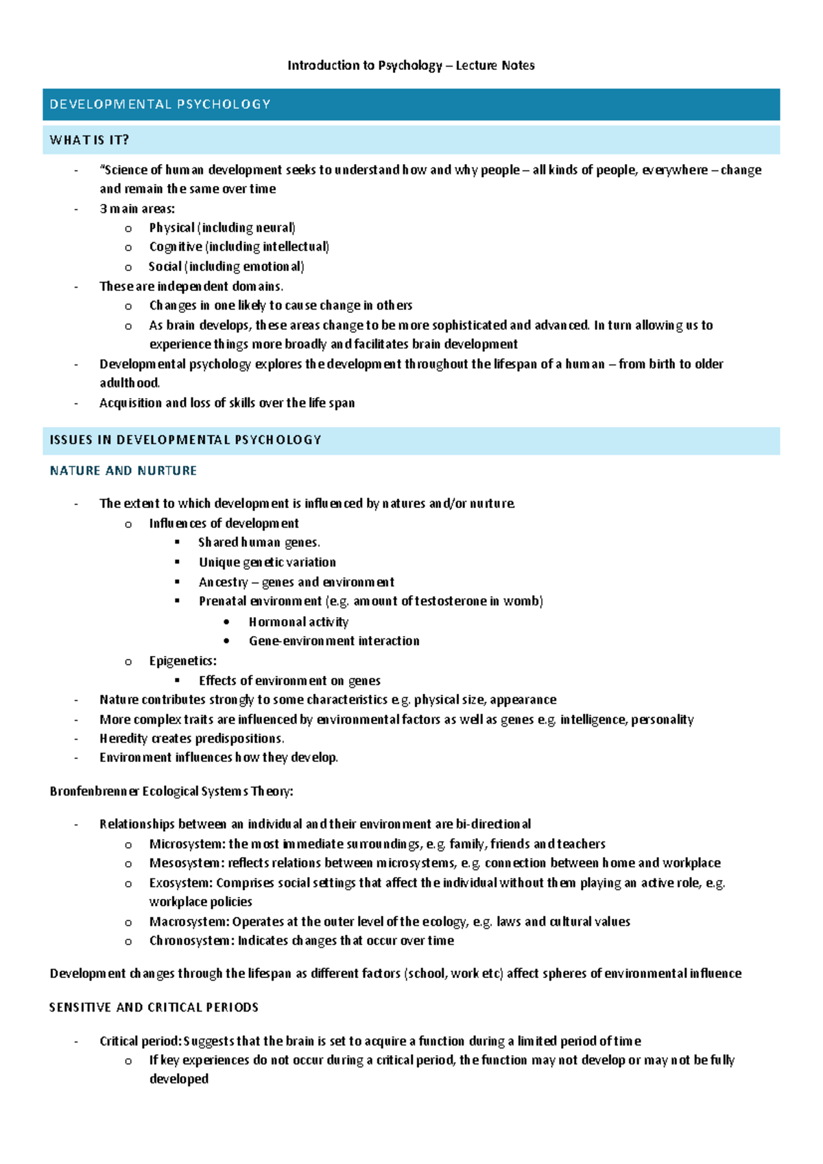 Introduction to Psychology - Lecture Notes - Introduction to Psychology ...