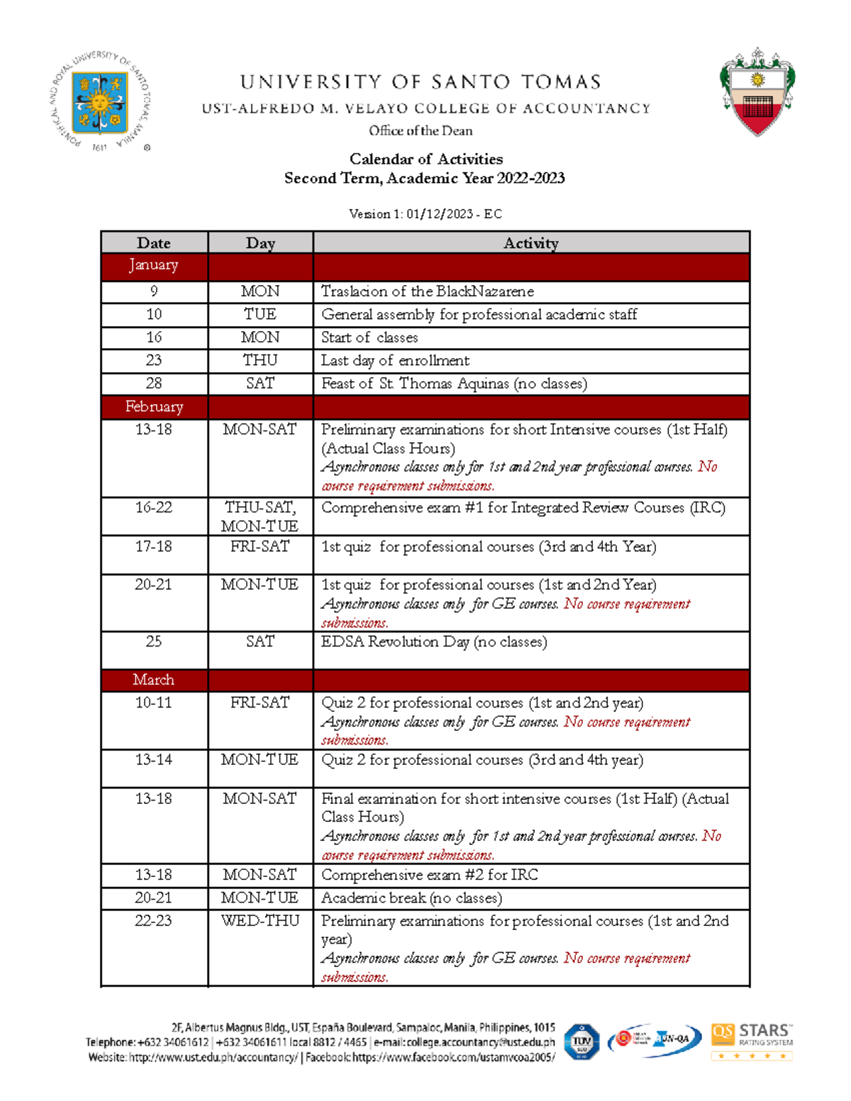Collegiate Calendar TERM 2, 2022-2023 - Calendar of Activities Second ...