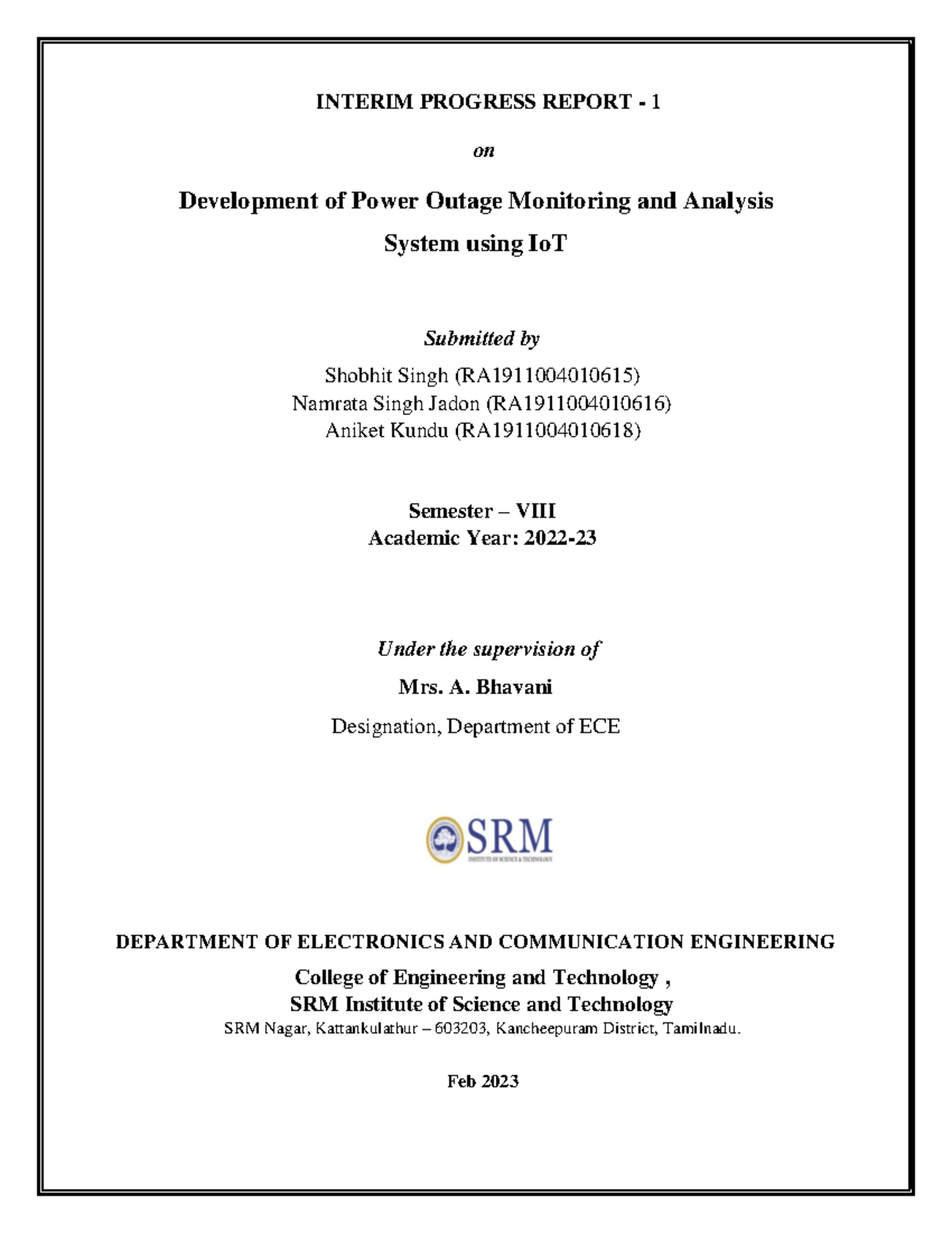 Interim Progress Report - 1 - INTERIM PROGRESS REPORT - 1 on ...