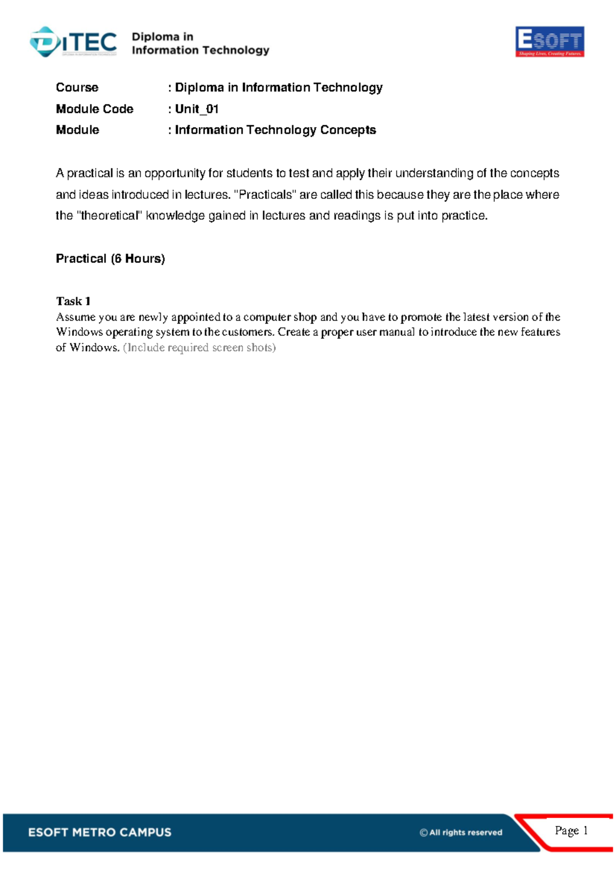 Information technology Concept Diploma in IT-Practical 1.1 - Course ...