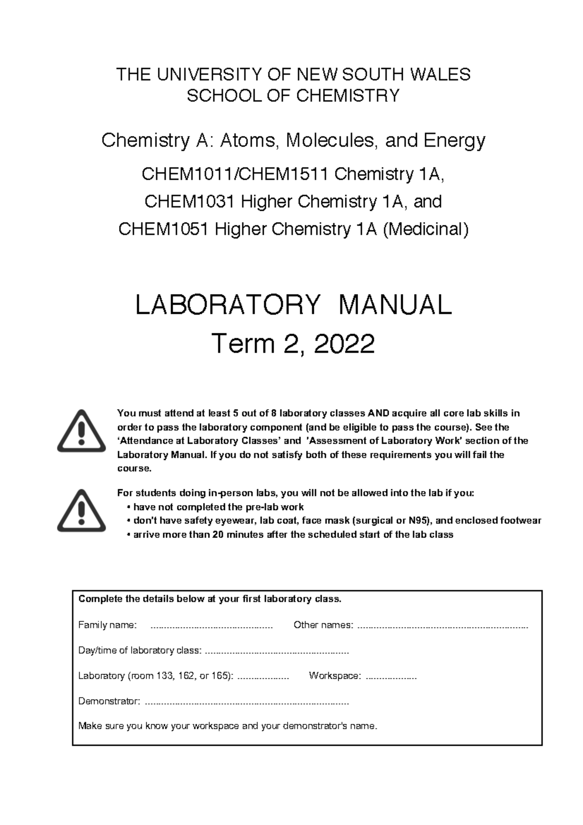 CHEM1011 Lab Manual T2 2022 - THE UNIVERSITY OF NEW SOUTH WALES SCHOOL ...