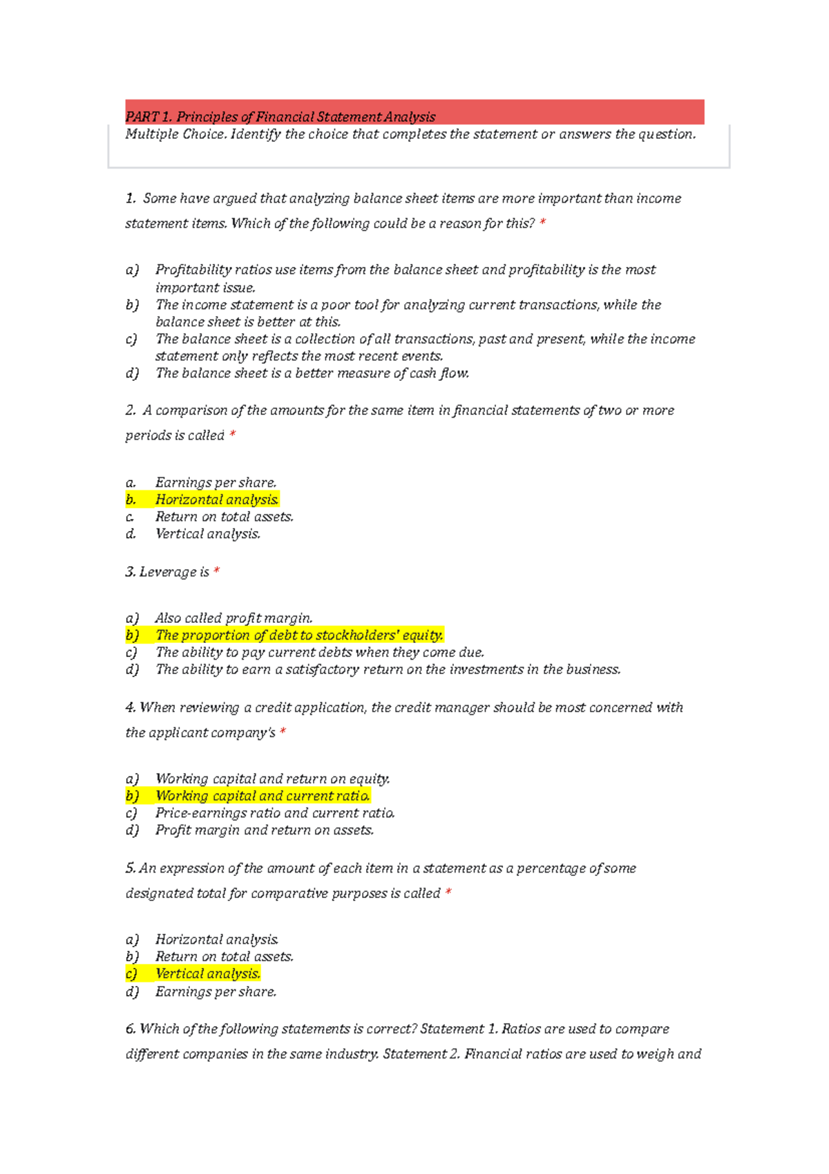 122 - Notes - PART 1. Principles of Financial Statement Analysis ...