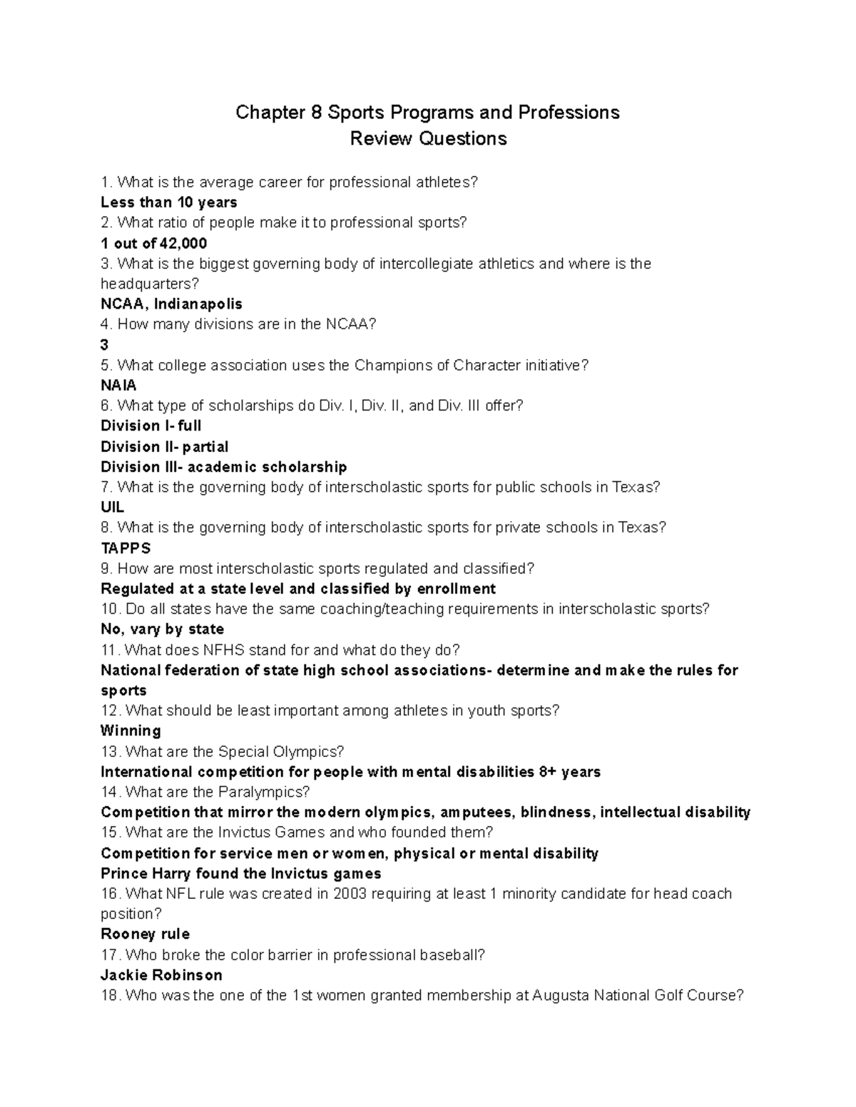 KIN chapter 8 review - Chapter 8 Sports Programs and Professions Review ...