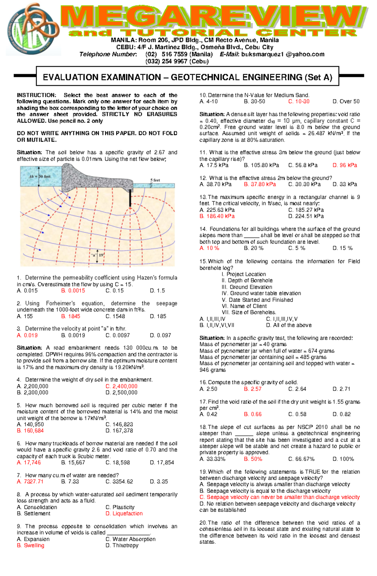 Evaluation Exam of Geotechnical Nov 2018 Set A 11 - INSTRUCTION: Select ...