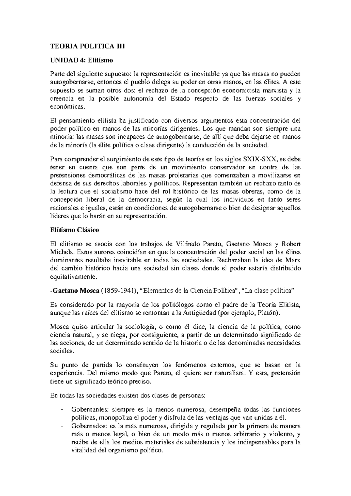 Unidad 4 Elitismo, Teoría Política III - TEORIA POLITICA III UNIDAD 4 ...