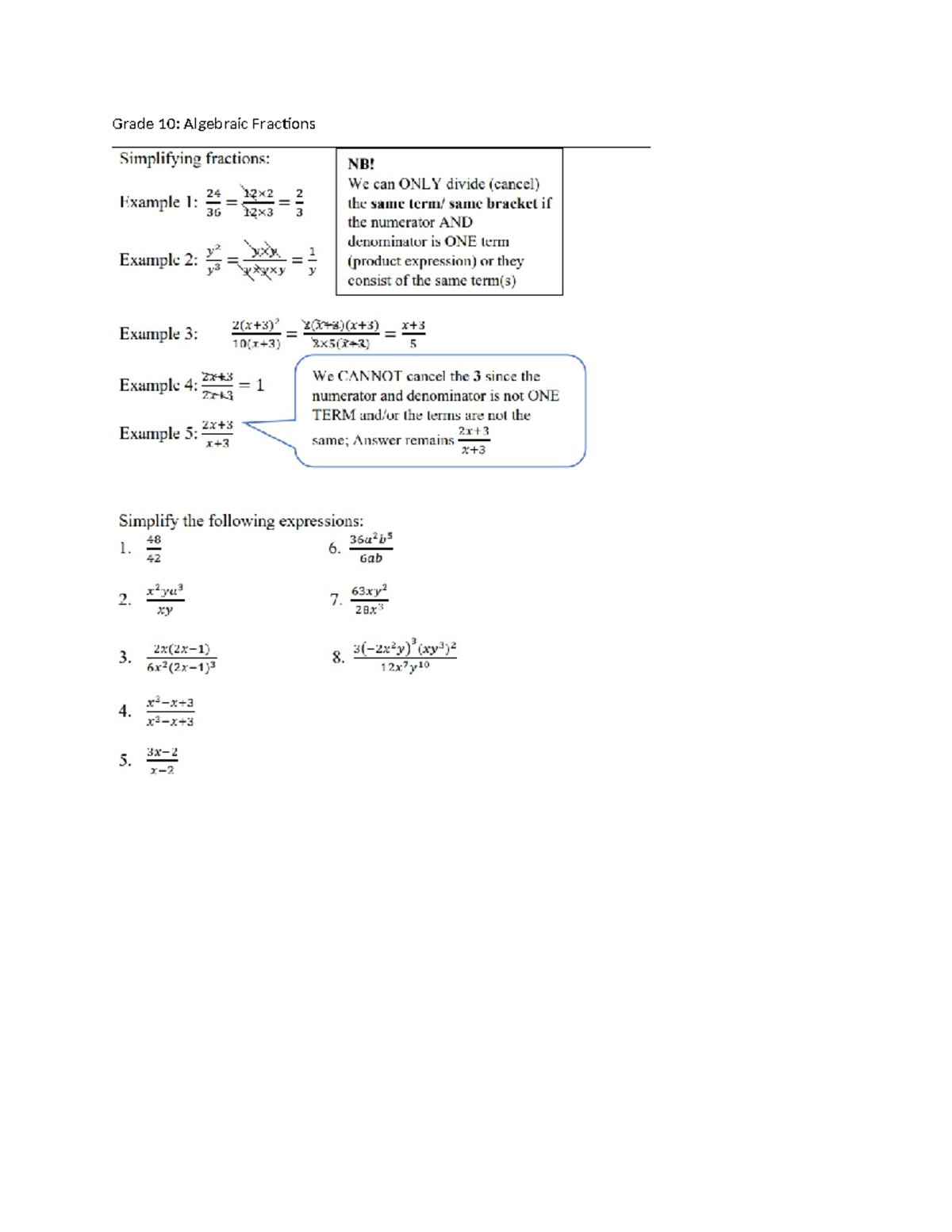 Algebraic fractions - practice and notes - Grade 10: Algebraic ...