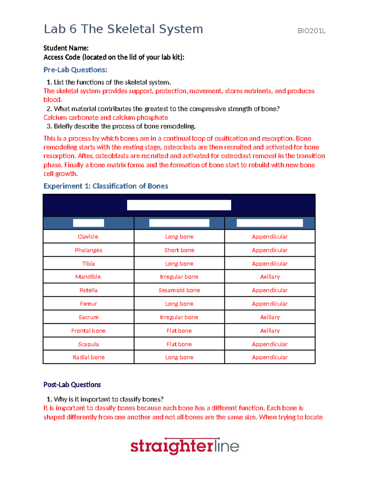 Anatomy & Physiology 201 Lab 6 - Student Name: Access Code (located on ...