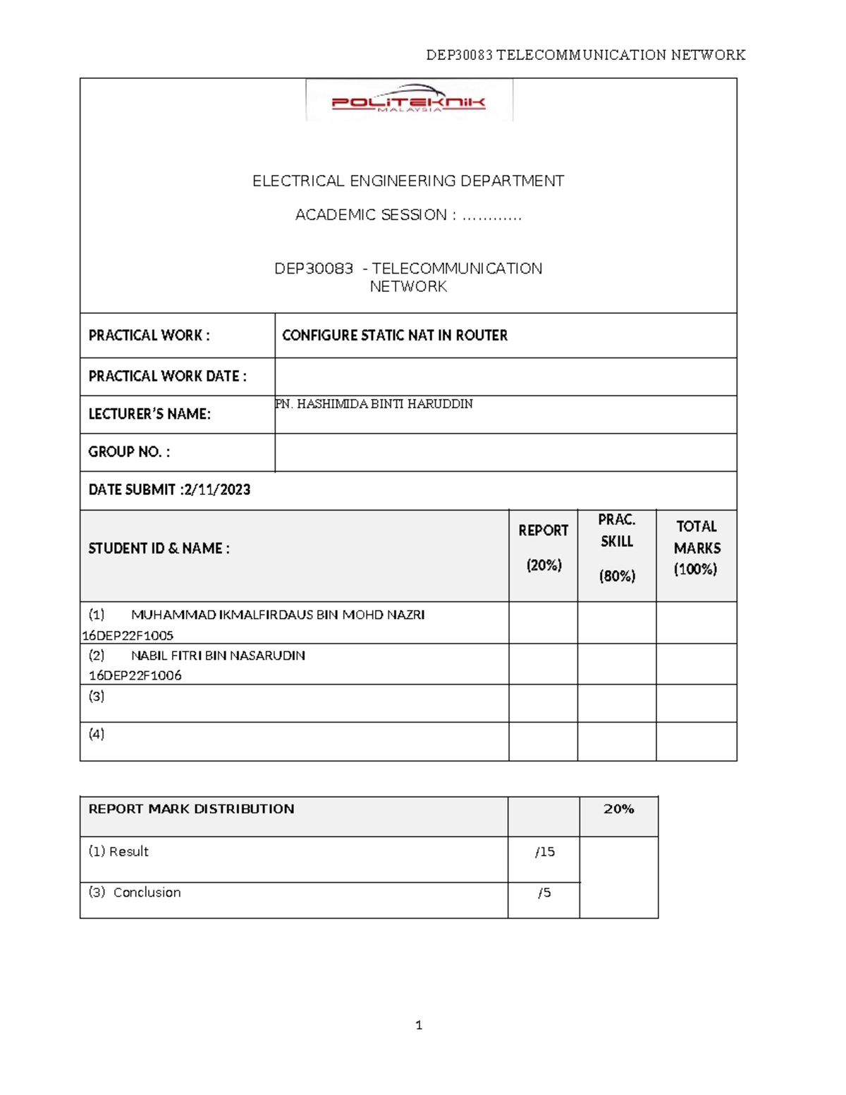 DEP30083 PW5 NAT - telecom - ELECTRICAL ENGINEERING DEPARTMENT ACADEMIC ...