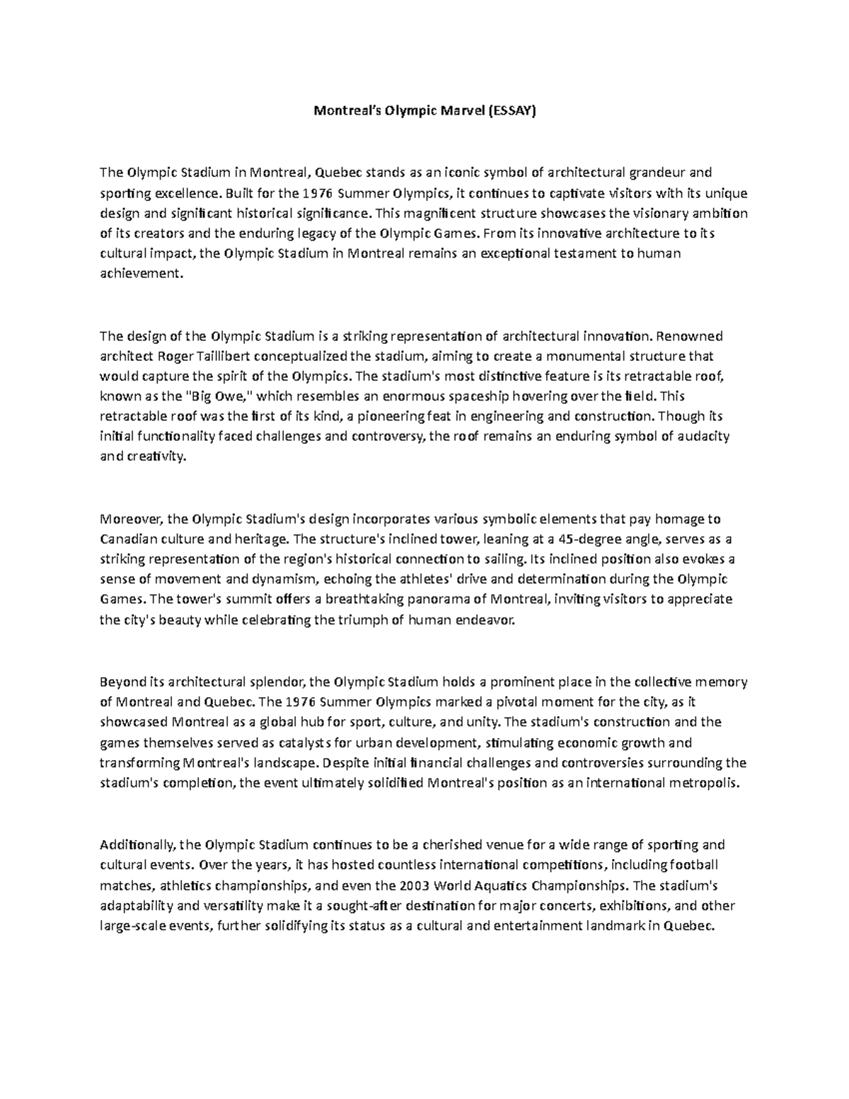 Montreal’s Olympic Marvel (Essay) - Montreal’s Olympic Marvel (ESSAY ...