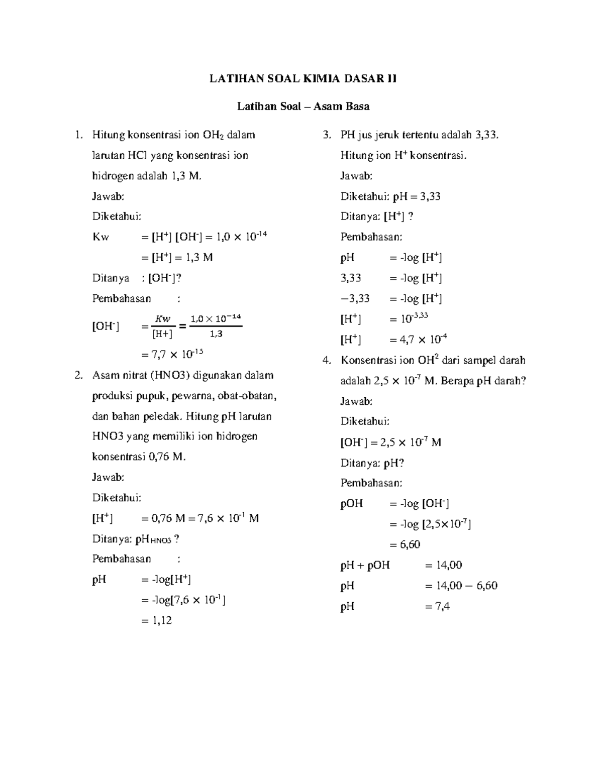 Soal Latihan Kimia Dasar - LATIHAN SOAL KIMIA DASAR II Latihan Soal ...