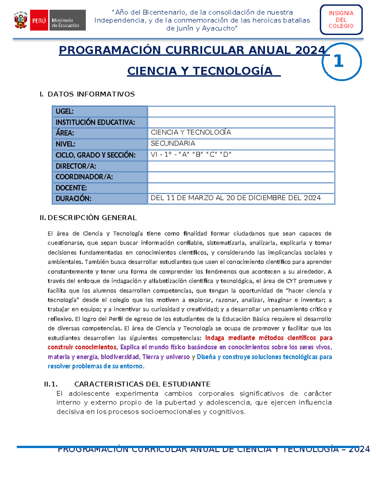 CYT 1° - Programación Curricular Anual - “Año del Bicentenario, de la consolidación de nuestra ...